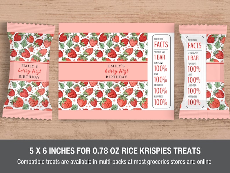 Berry 1st Birthday Rice Krispies Treat Wrappers, Editable Strawberry ...