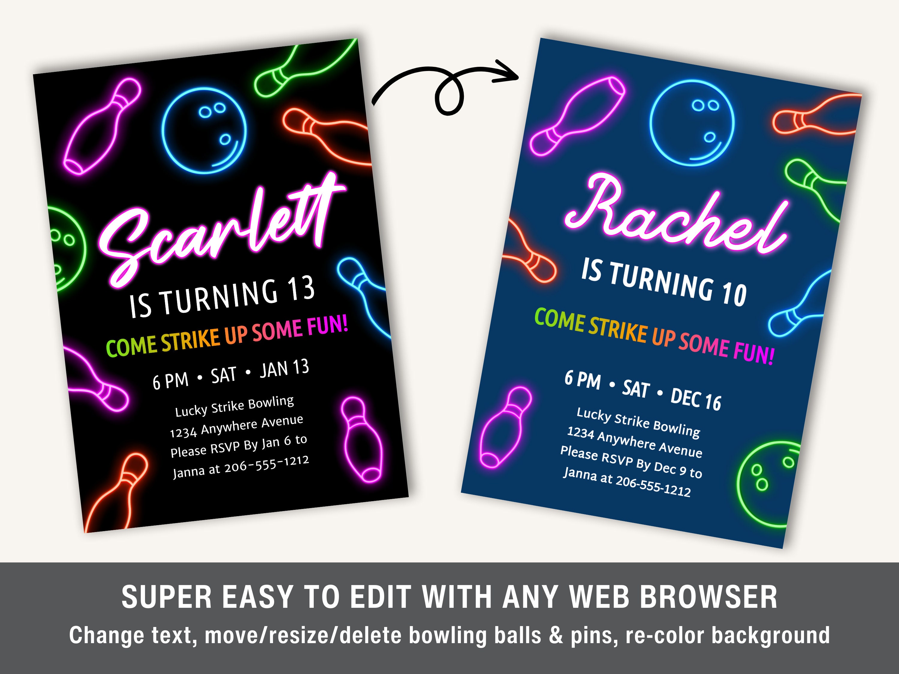 Girl Bowling Birthday Invitation for 13 Year Old, Editable Neon Glow ...