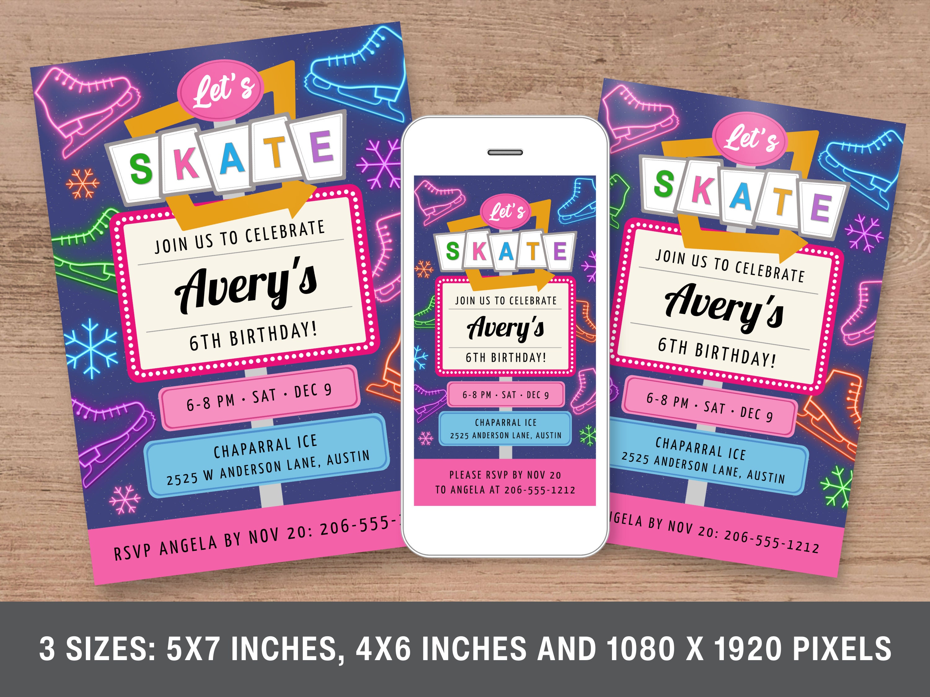 Ice Skating Party Invitation for 6th Birthday, Retro Neon Ice Skating ...