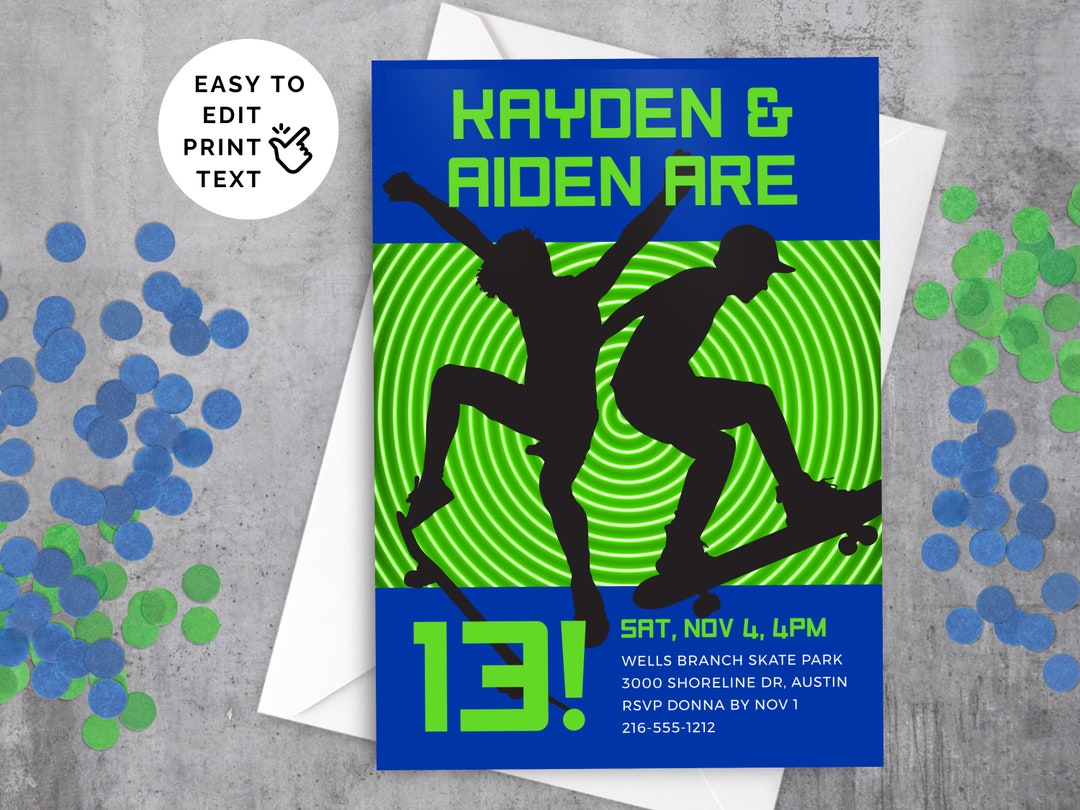 Skate Park Birthday Party Invitation for Twins or Siblings, Editable ...