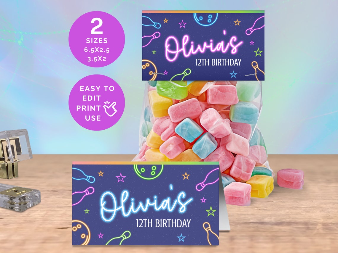 Loot Bag Tags for Girl's Bowling Party Favors, Editable Neon Glow ...