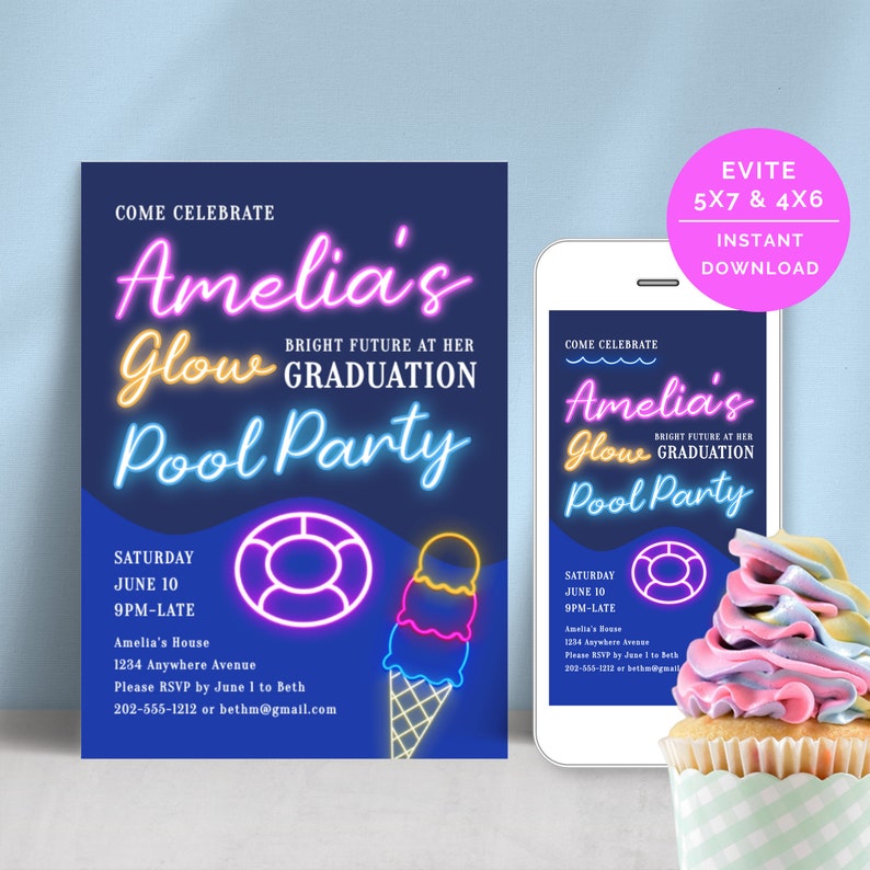 Graduation Pool Party Invite for Her Downloadable Neon Glow - Etsy