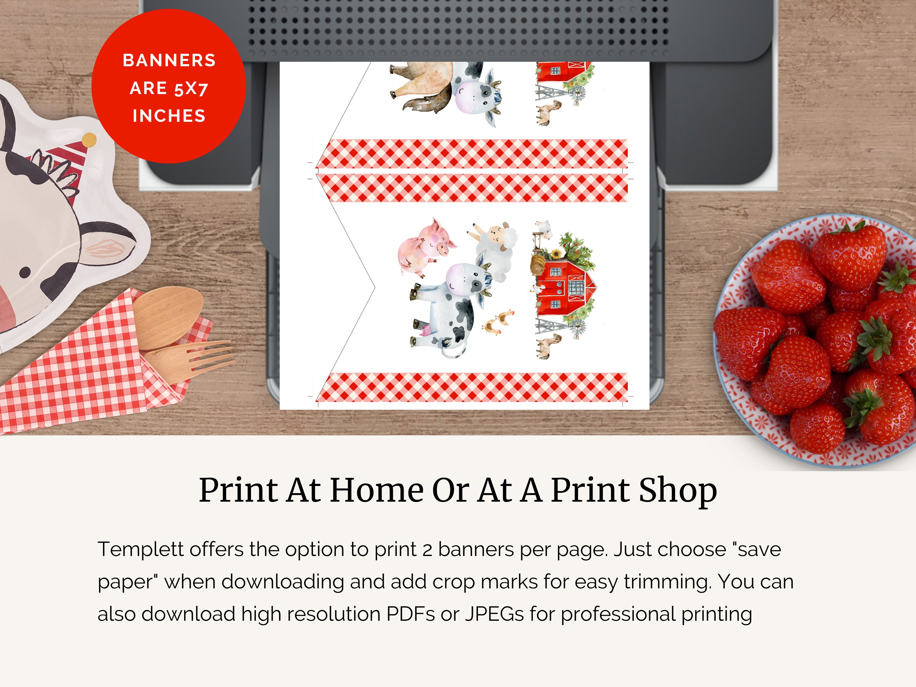 Birthday Banners Templett Editable, Farm Animal Theme Red Gingham ...