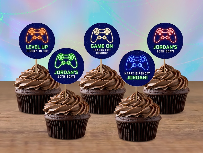 Video Game Theme Party Favor, Editable Neon Glow Cupcake Toppers Favor ...