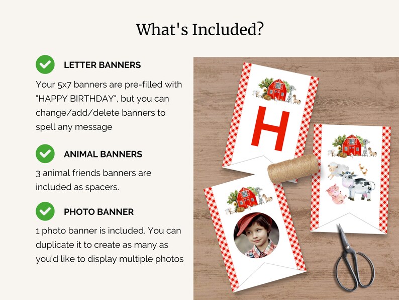 Birthday Banners Templett Editable, Farm Animal Theme Red Gingham ...