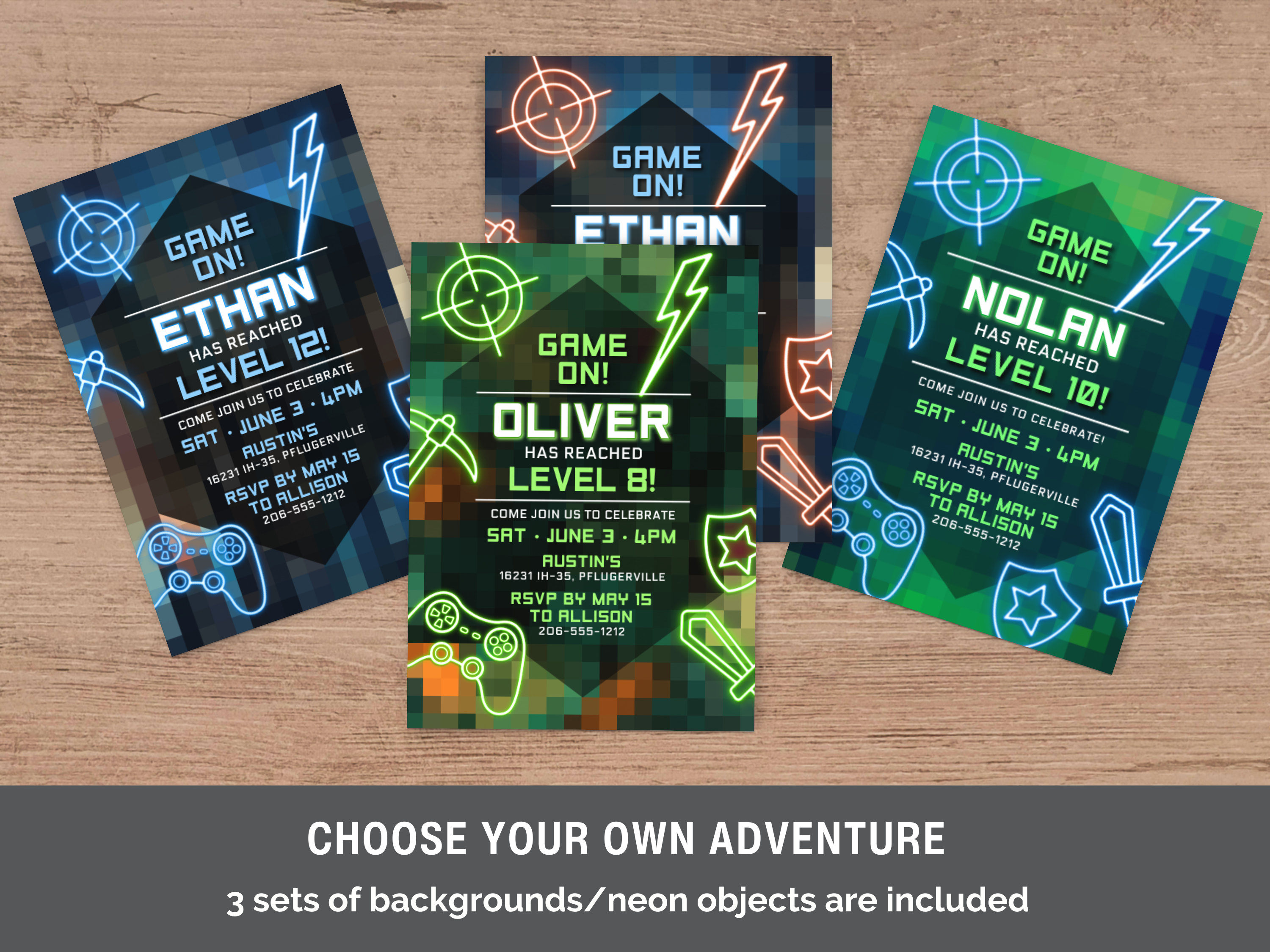 Video Game Invitation Boys, Neon Glow Downloadable Game on Level up ...