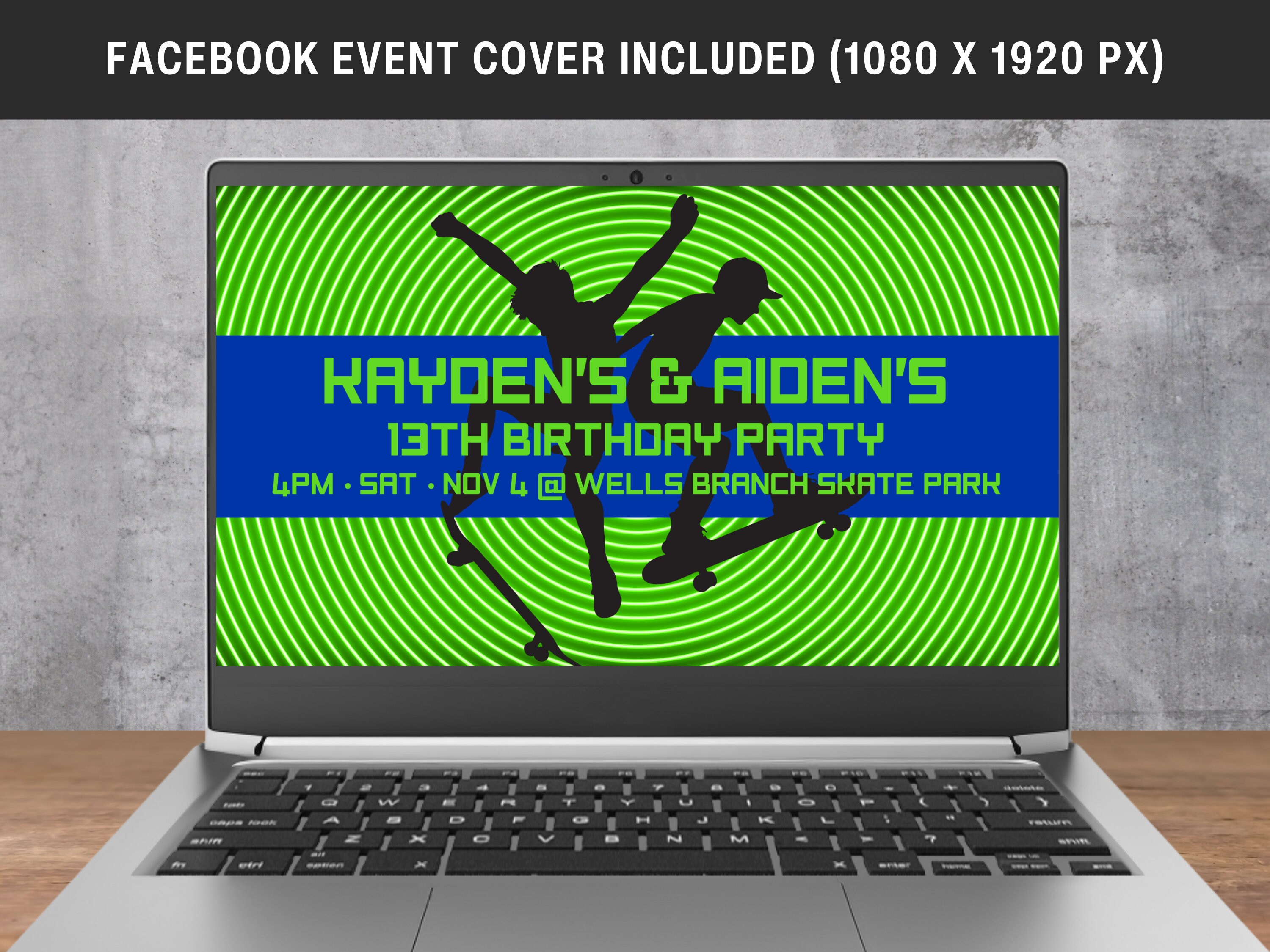 Skate Park Birthday Party Invitation for Twins or Siblings, Editable ...