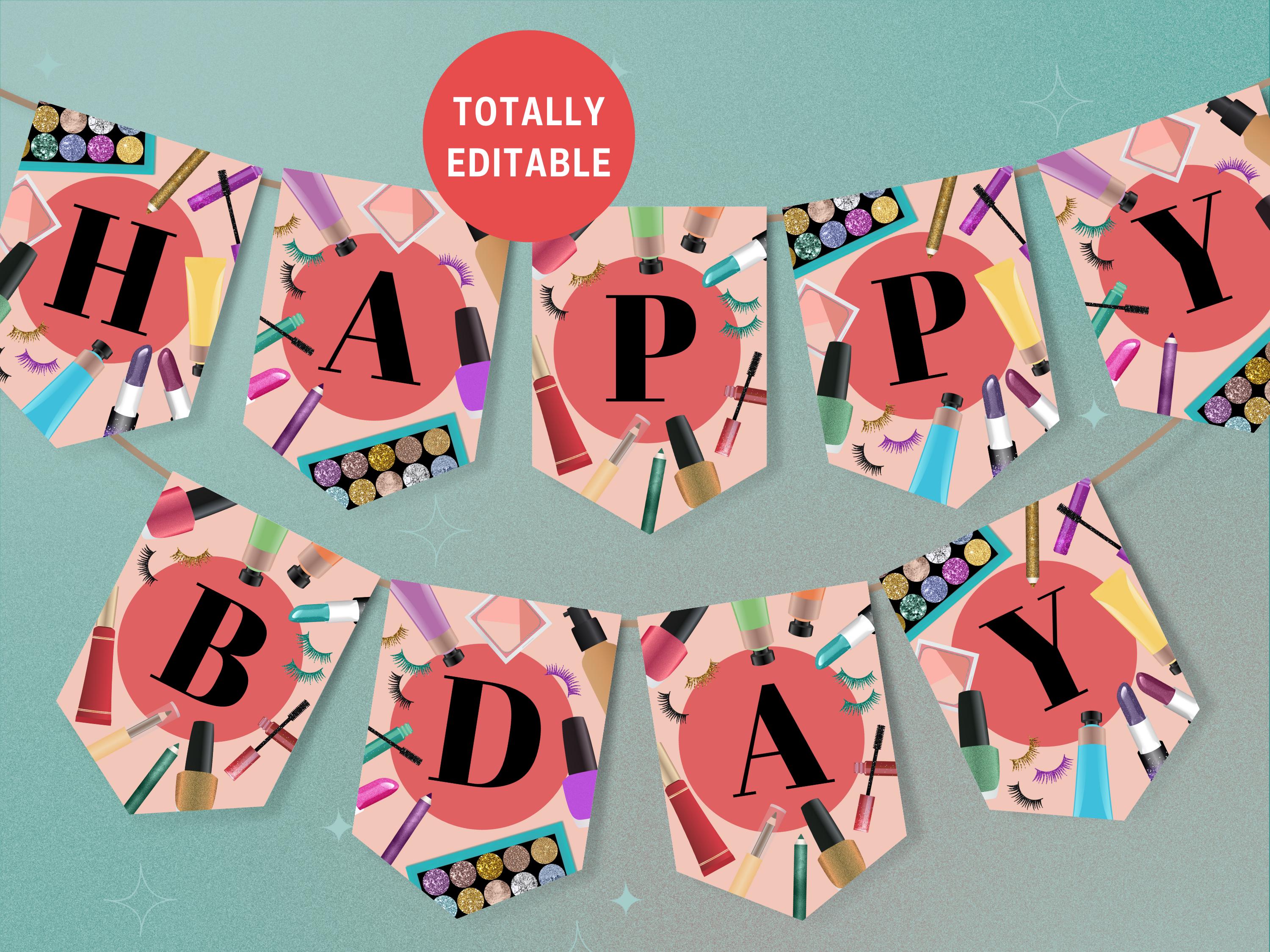 Makeup Party Happy Birthday Banner for Girl, Glitz & Glam Spa Day or ...