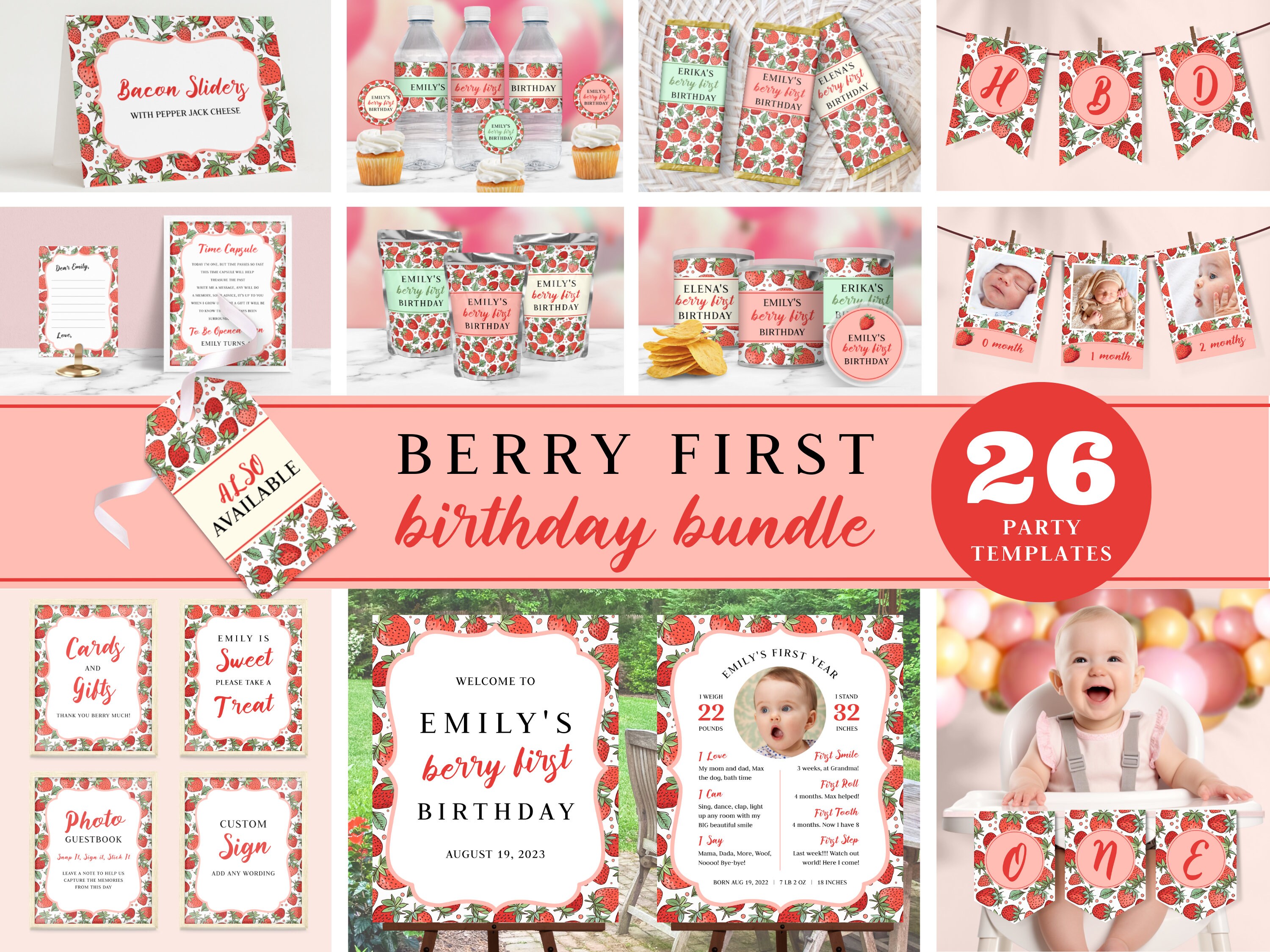 Milestones Board Strawberry Birthday Sign, Editable Berry Sweet Baby ...