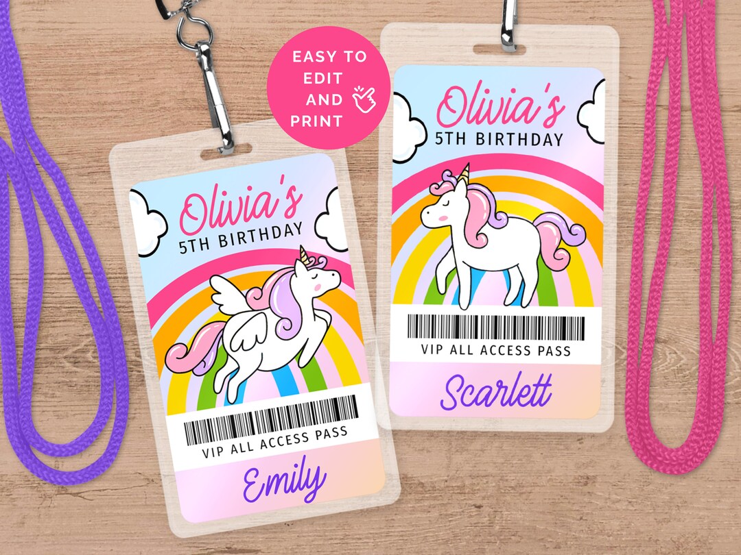 VIP Party Badge for Girl's Unicorn Rainbow Birthday, Editable All ...