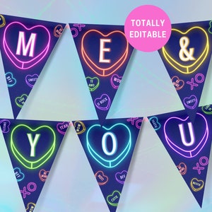 Happy Galentines Day Banner, Neon Glow Candy Hearts Pennants for Girl ...