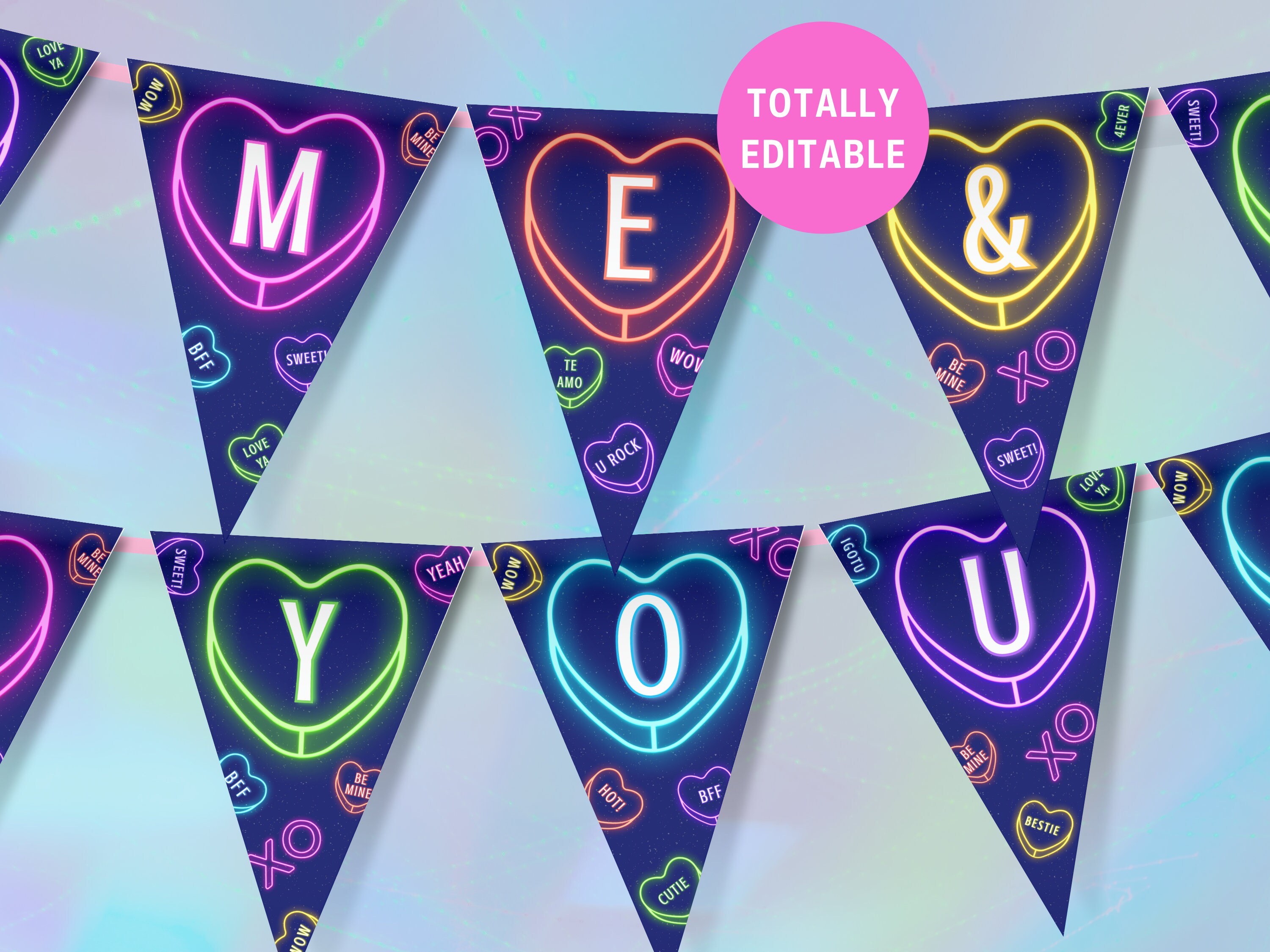 Happy Galentines Day Banner, Neon Glow Candy Hearts Pennants for Girl ...