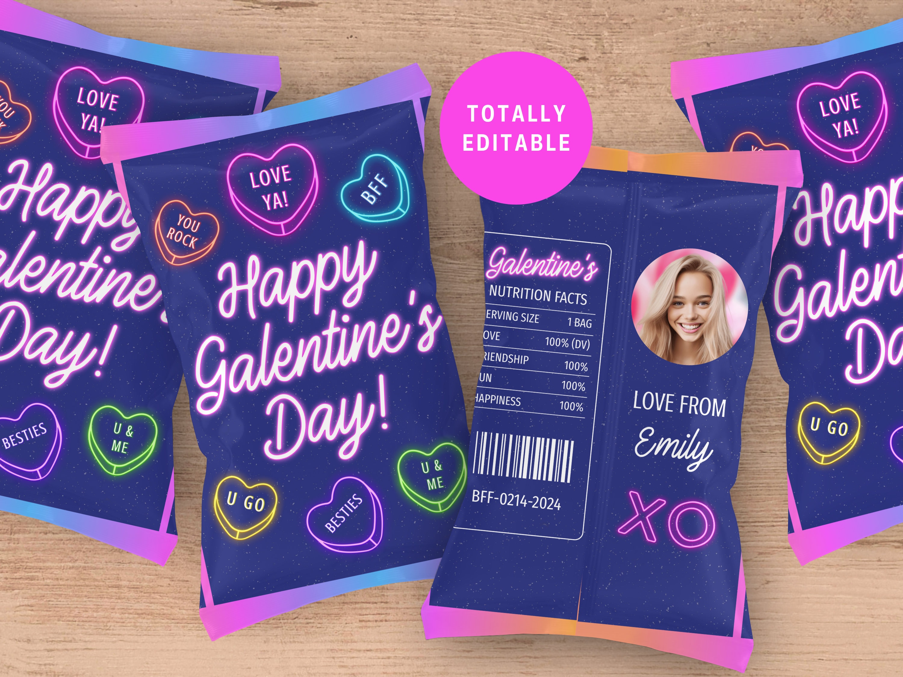 Galentine's Chip Bag, Editable Neon Candy Hearts Potato Chips Package ...