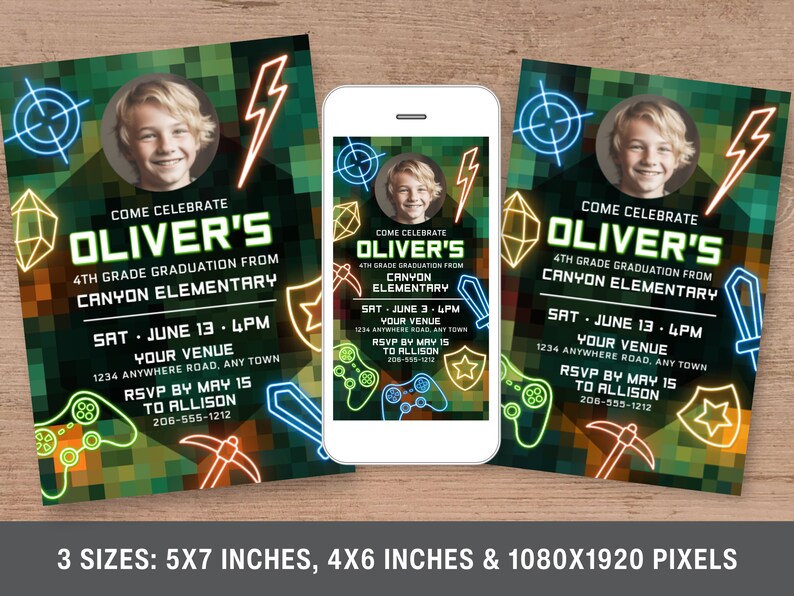 Graduation Invite for Boys Digital & Printable, Neon Glow Video Game ...