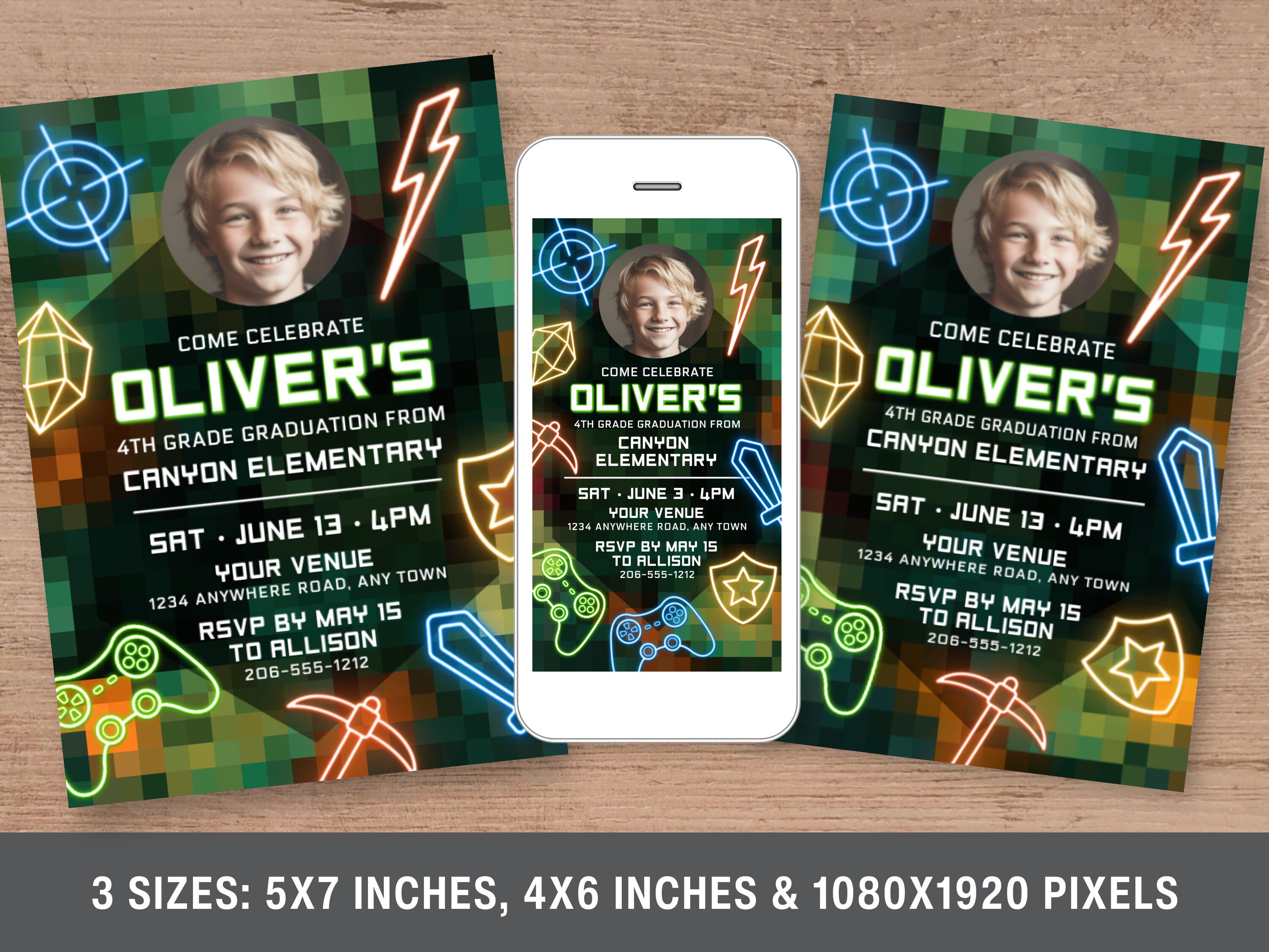 Graduation Invite for Boys Digital & Printable, Neon Glow Video Game ...