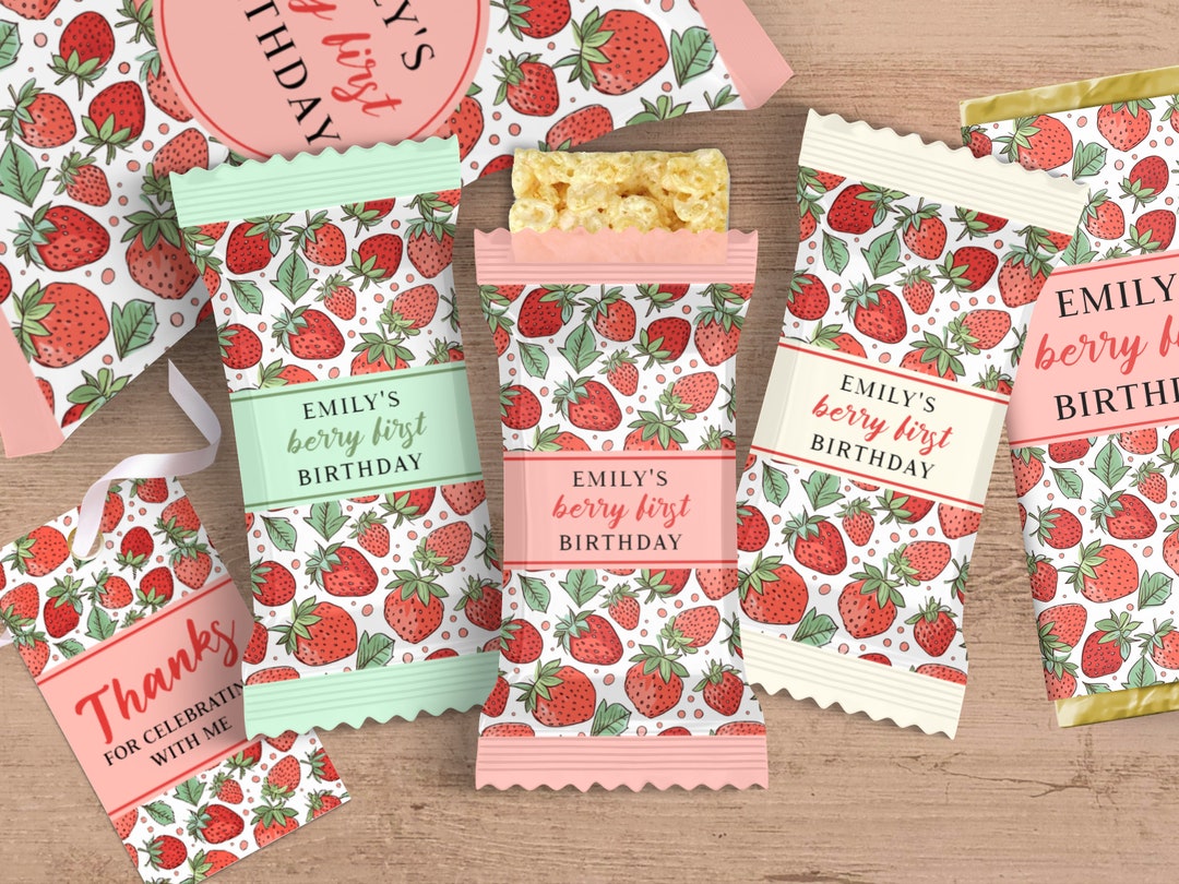 Berry 1st Birthday Rice Krispies Treat Wrappers, Editable Strawberry ...