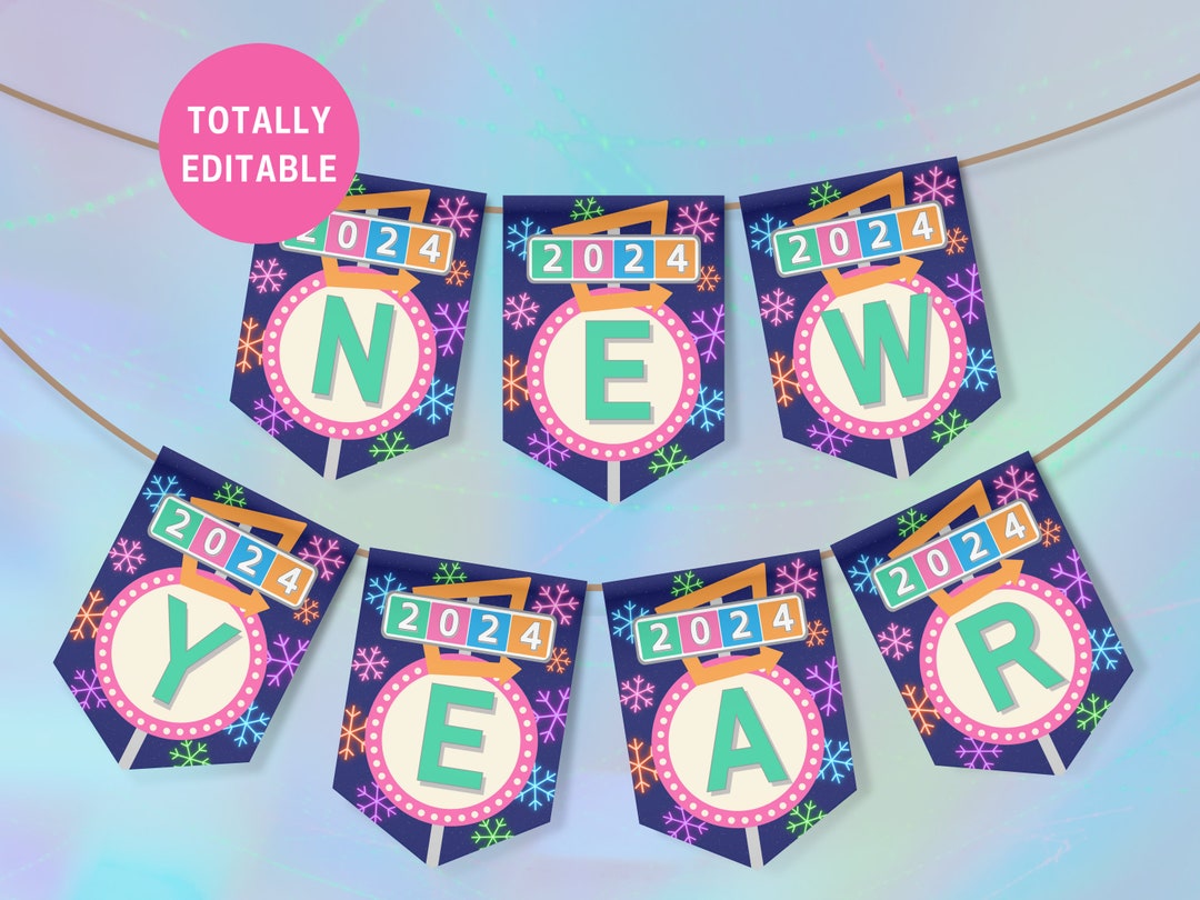 Happy New Year Banner Printable for Holiday Party Decor, Retro Pink ...