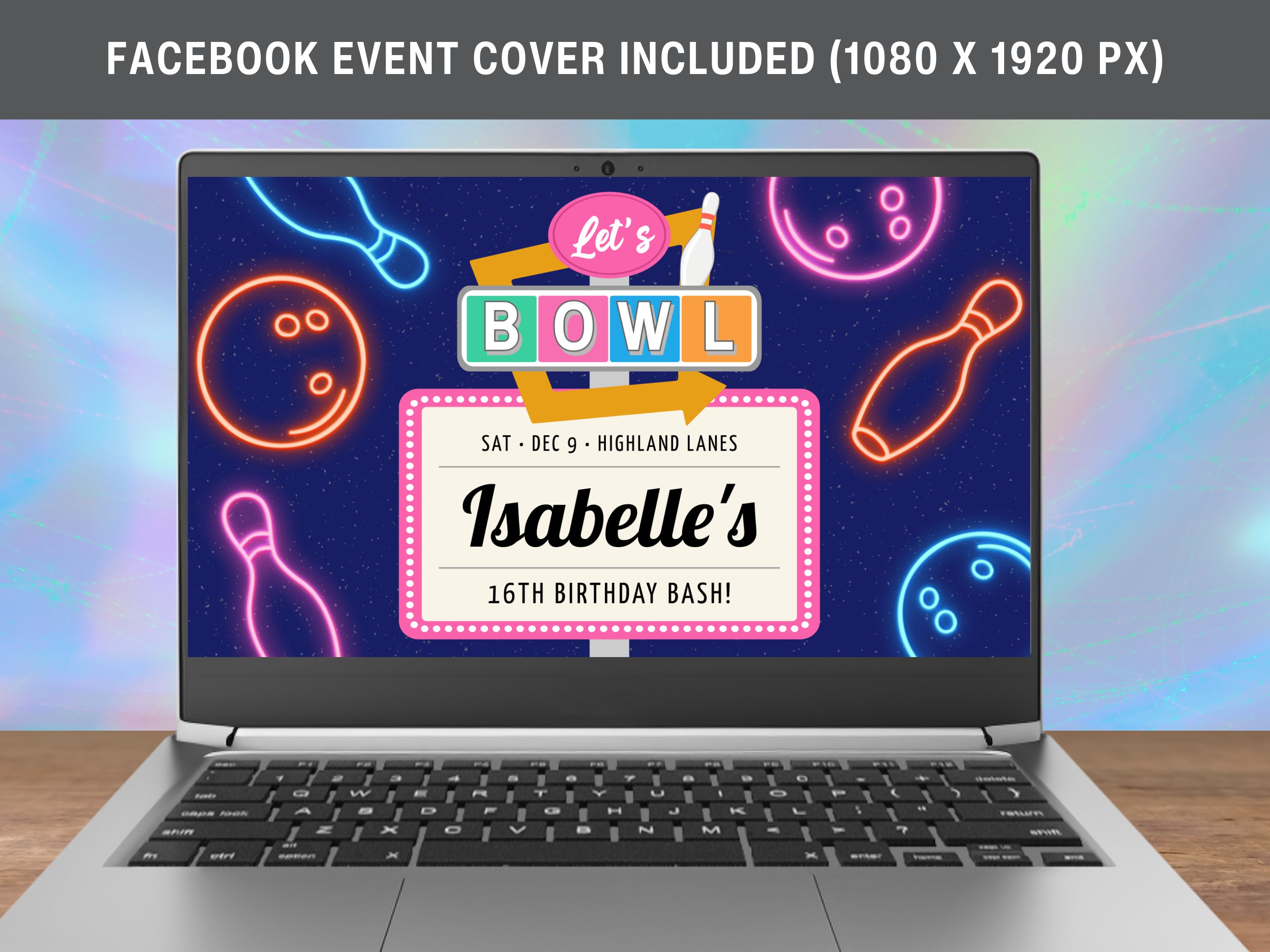 Bowling Invitation Instant Download, Editable Neon Glow Retro Party ...