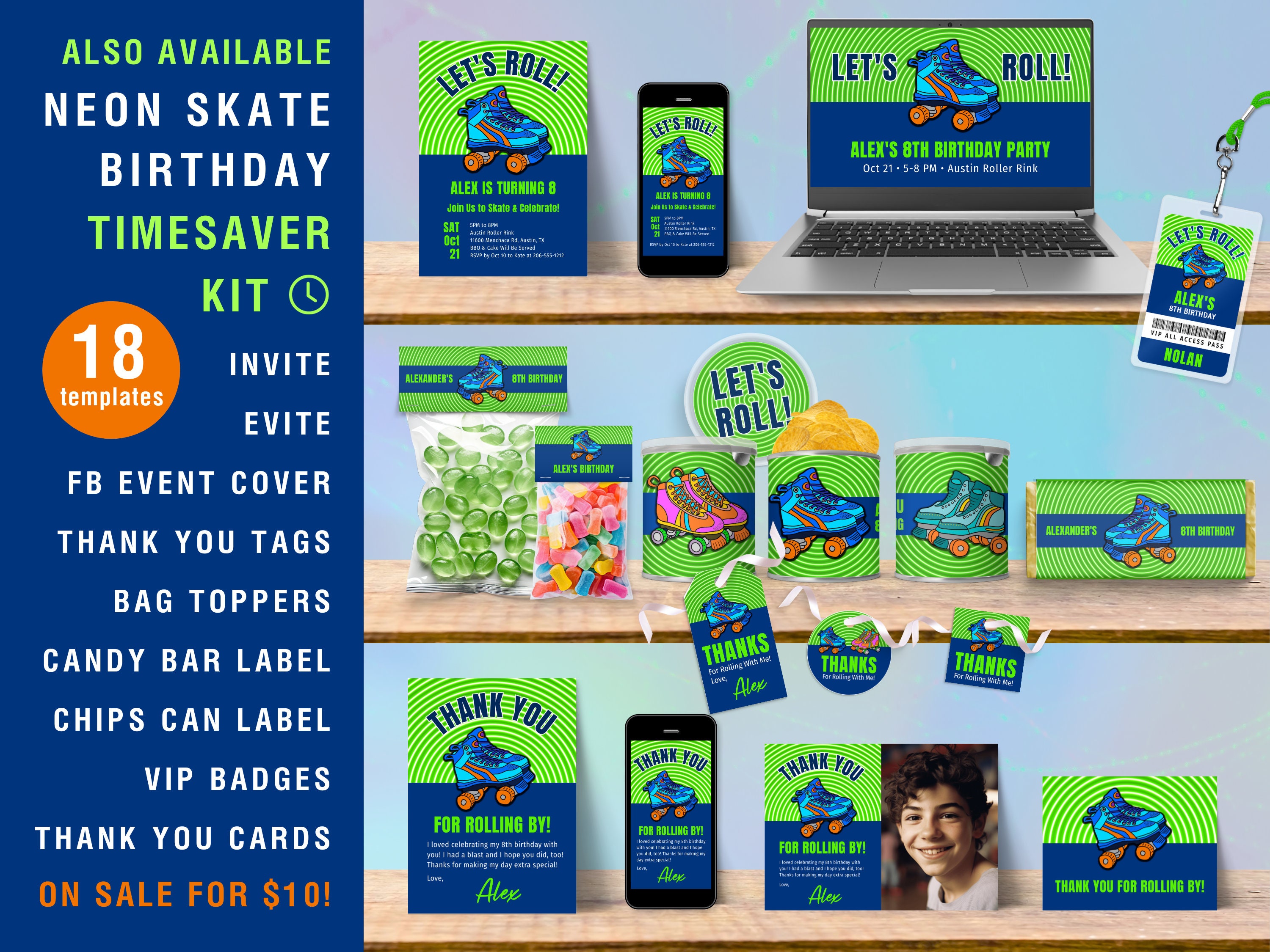 VIP Birthday Party Pass for Skating, Neon Glow Editable All Access ...
