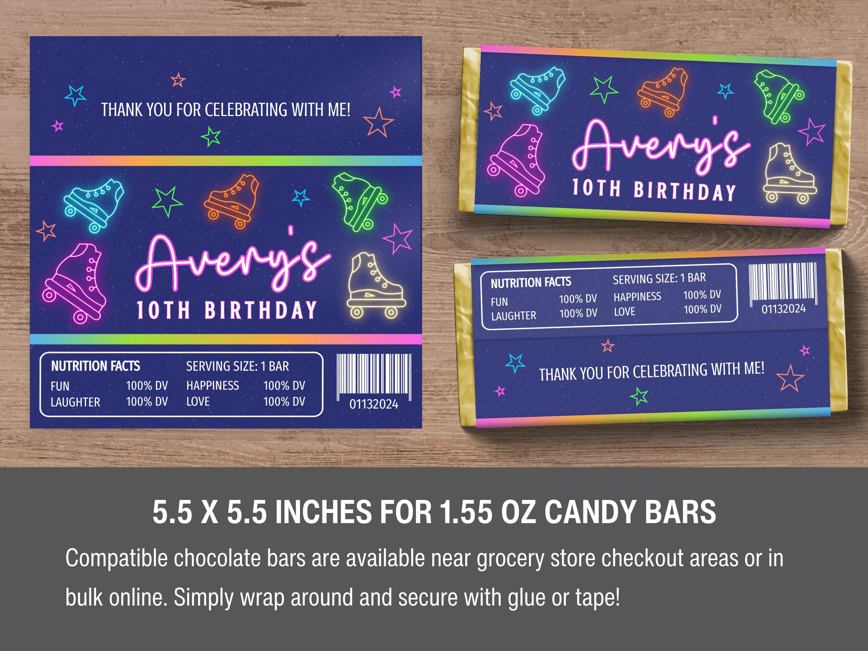 Roller Skating Birthday Party Favors for Girl, Neon Glow Kids Chocolate ...