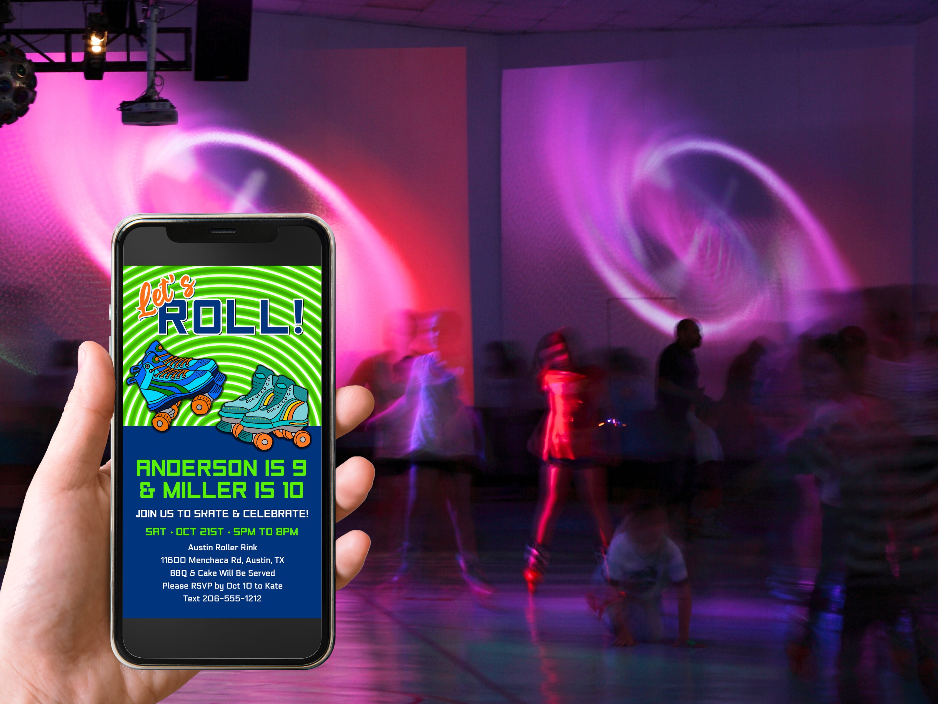 Joint Birthday Invitation for Siblings, Editable Neon Glow Roller ...