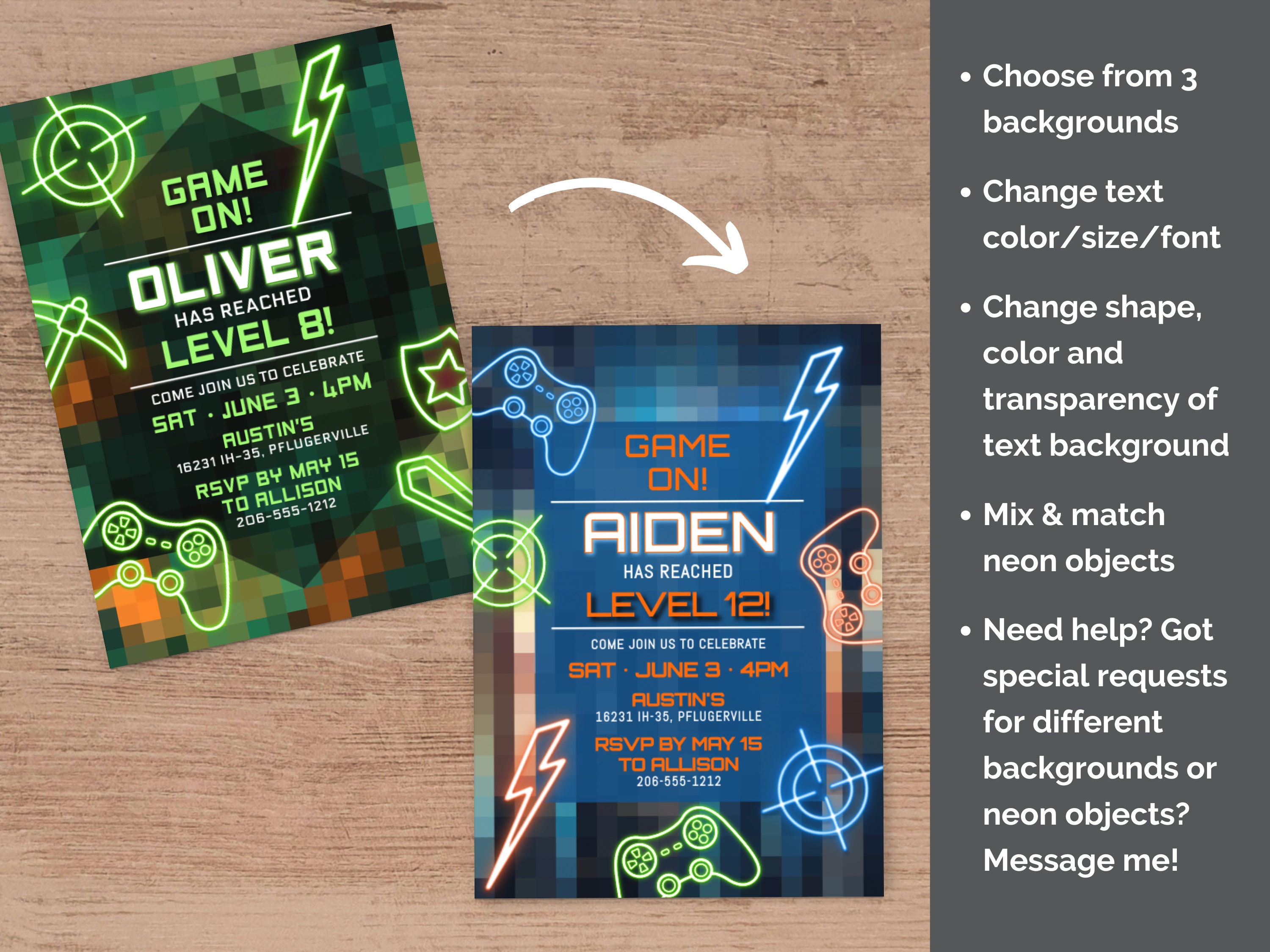 Video Game Invitation Boys, Neon Glow Downloadable Game on Level up ...