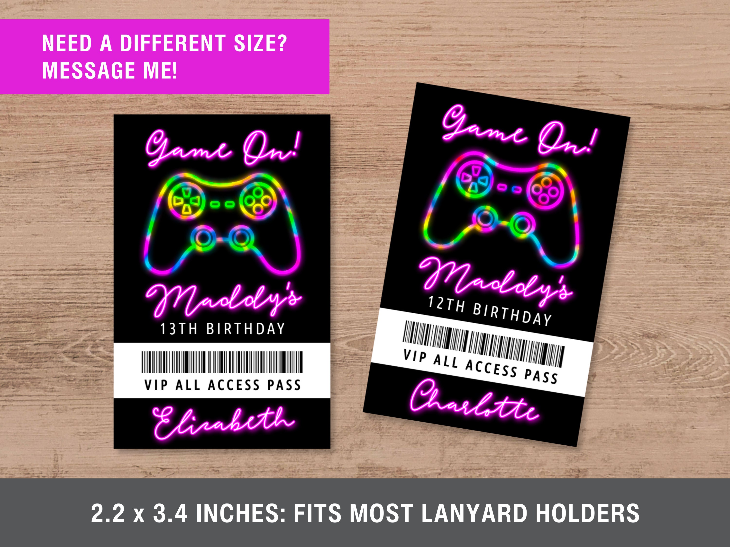 VIP Badge Template for Girl's Video Game Birthday, Neon Glow Tie Dye ...