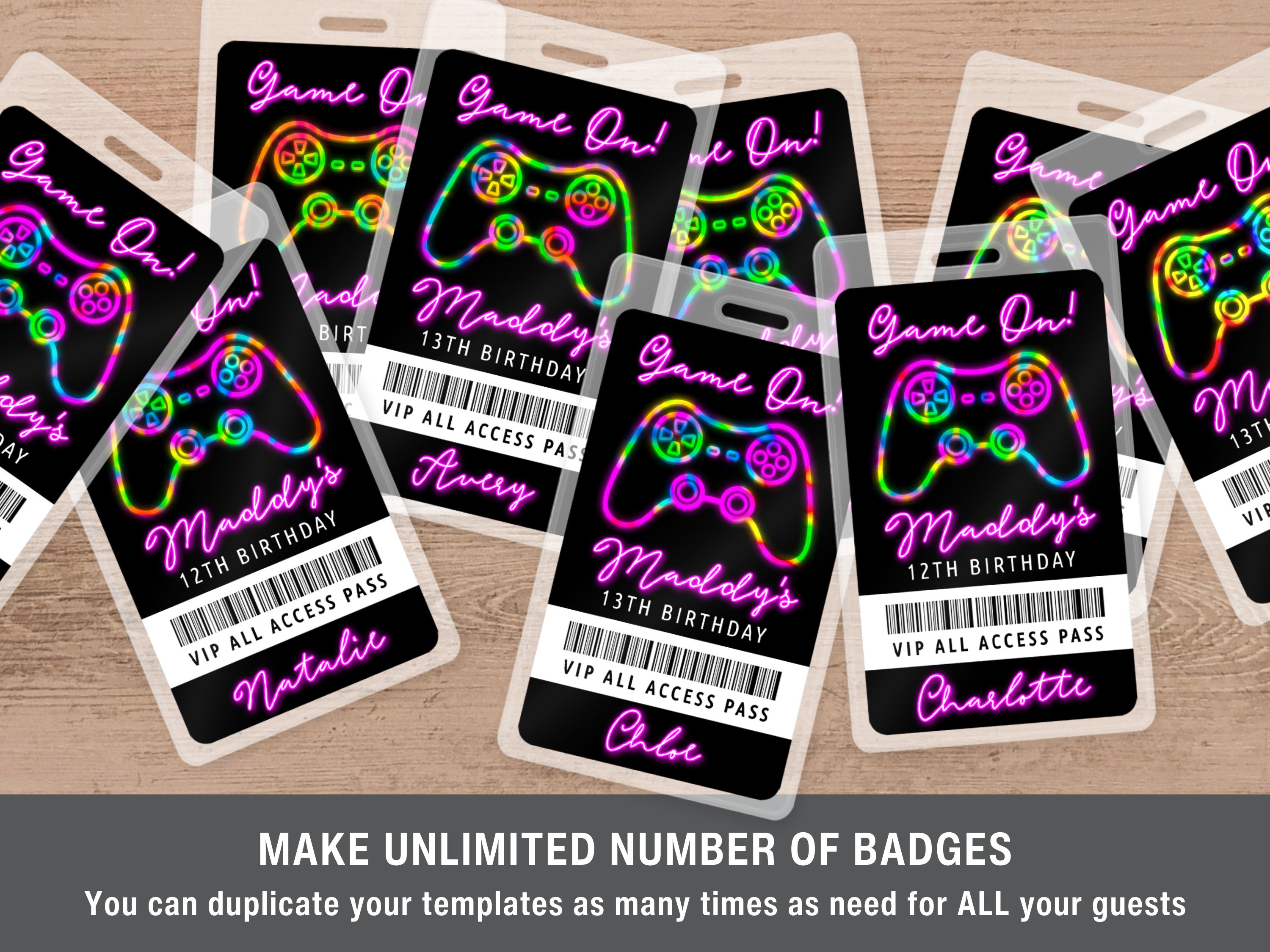 VIP Badge Template for Girl's Video Game Birthday, Neon Glow Tie Dye ...