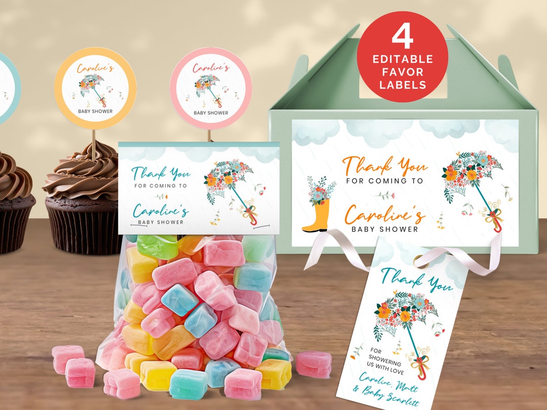 April Showers Bring May Flowers Baby Shower Favor Bag & Cupcake Toppers ...