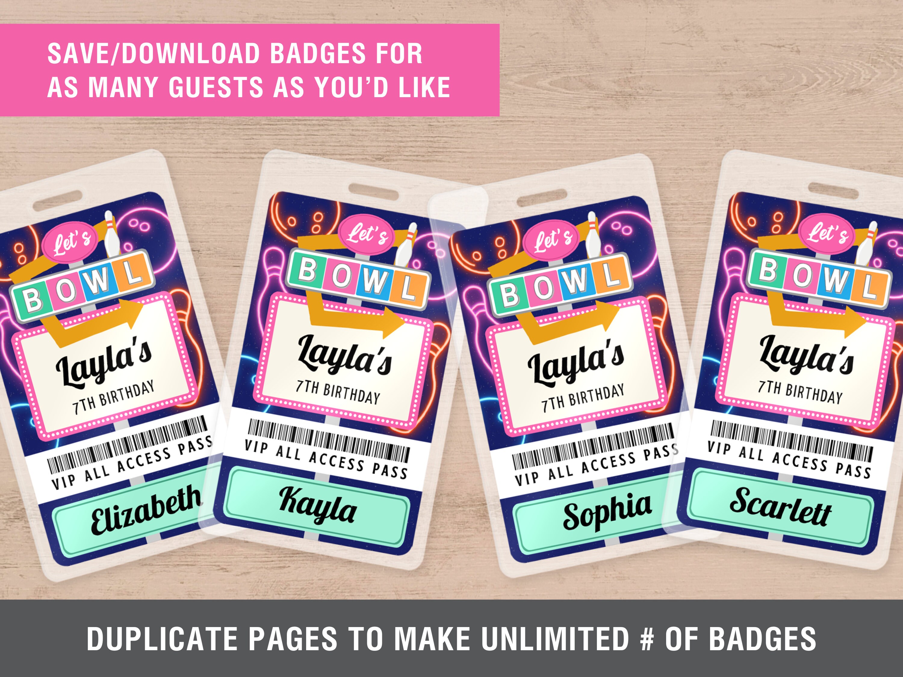 VIP Badge Template for Kids Birthday Party, Personalized Neon Bowling ...