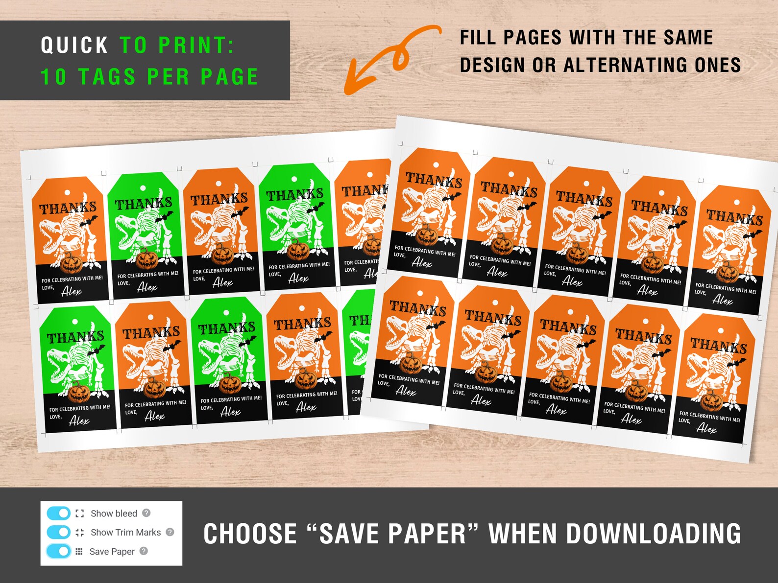 Halloween Goodie Bag Tags for Kids Birthday, Editable Dinosaur Skeleton ...