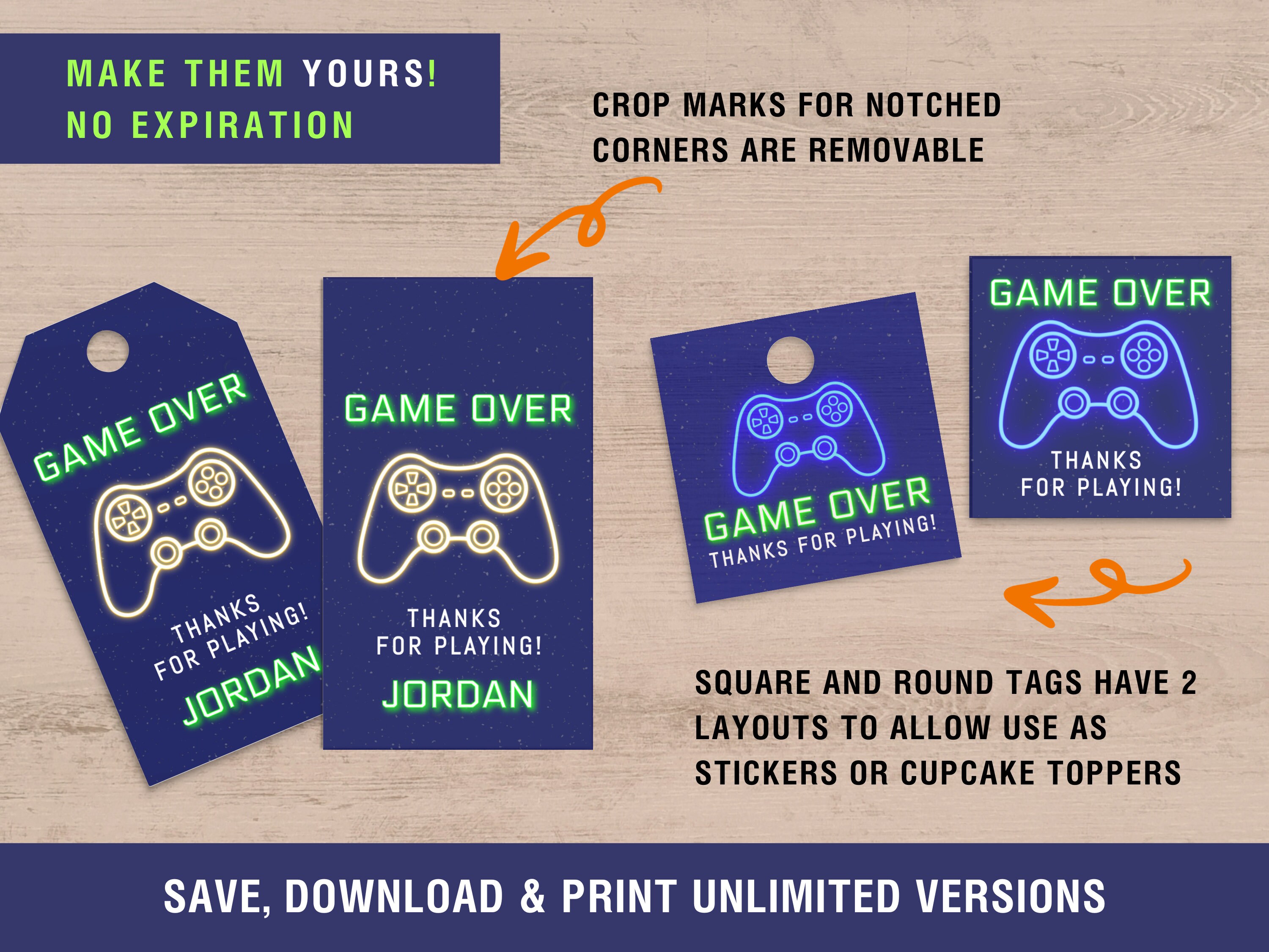 Video Game Party Favor Tags for Boy Birthday Editable Neon - Etsy