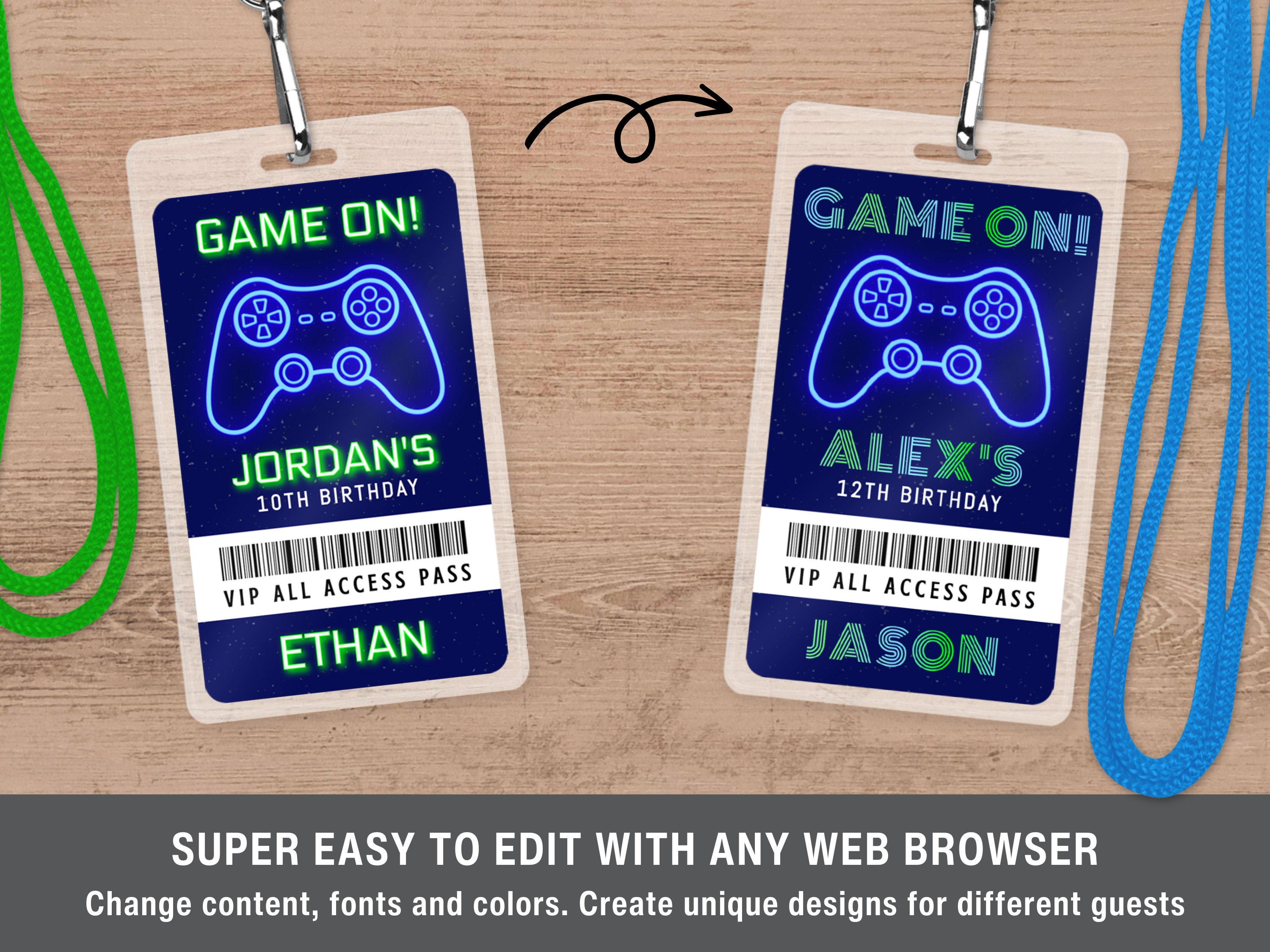 Video Game VIP Birthday Party Pass, Personalized Kids & Teens Neon Glow ...