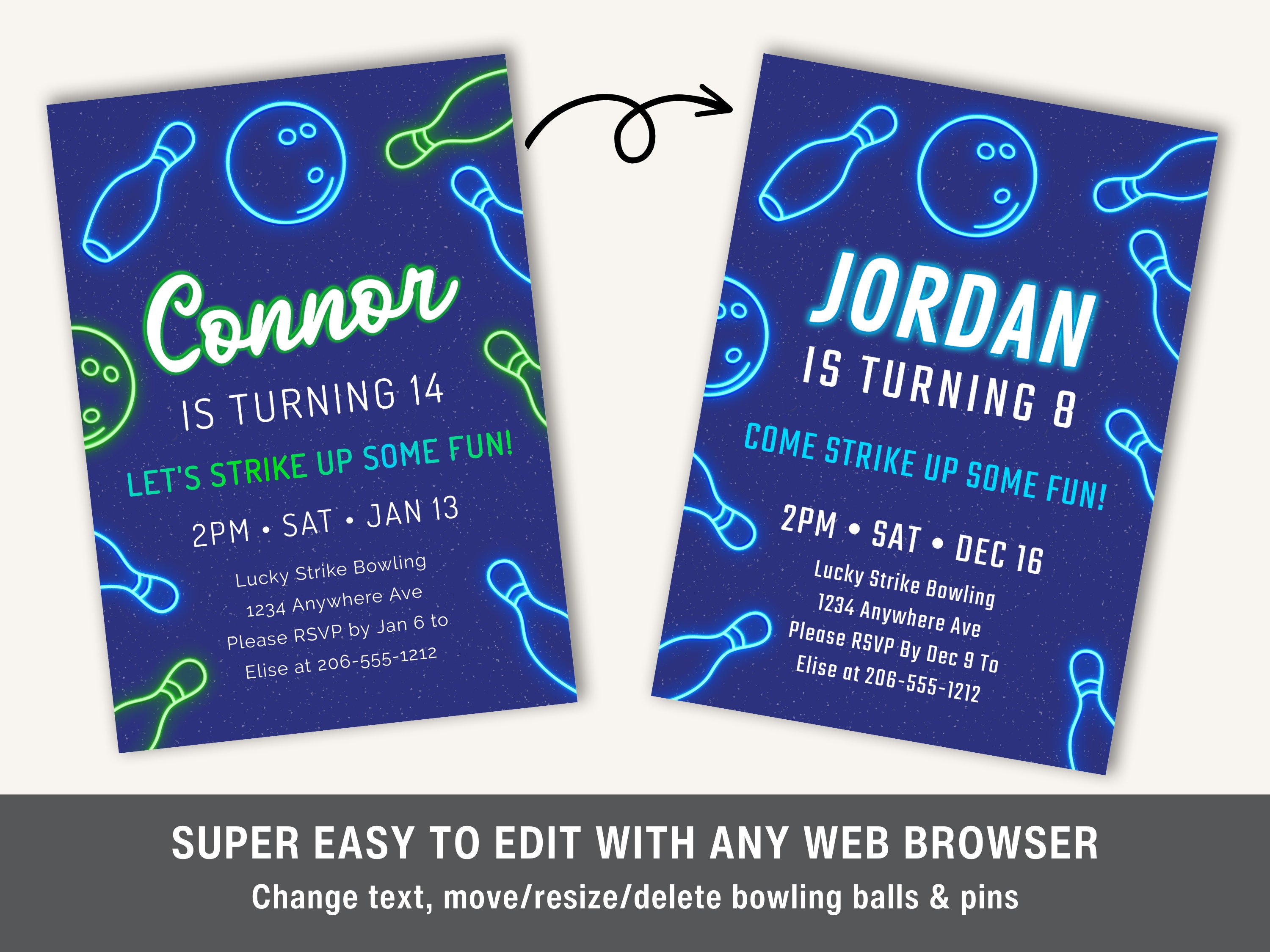 Editable Invitation Bowling Birthday Party for 14 Year Old Boy, Neon ...