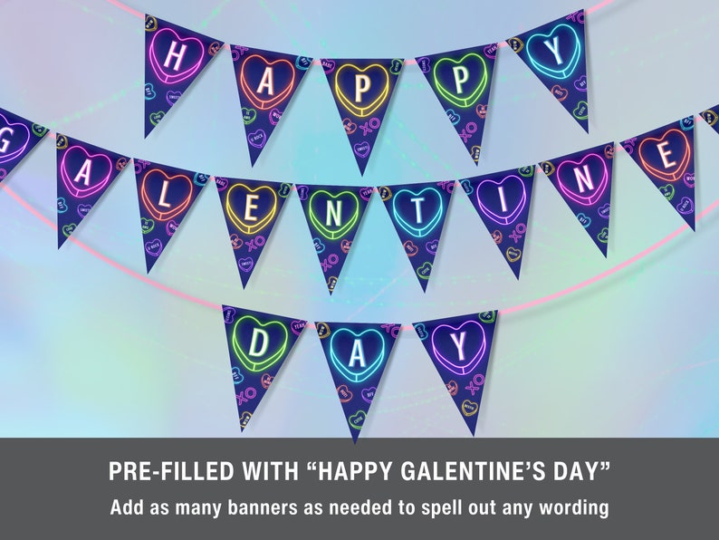 Happy Galentines Day Banner, Neon Glow Candy Hearts Pennants for Girl ...