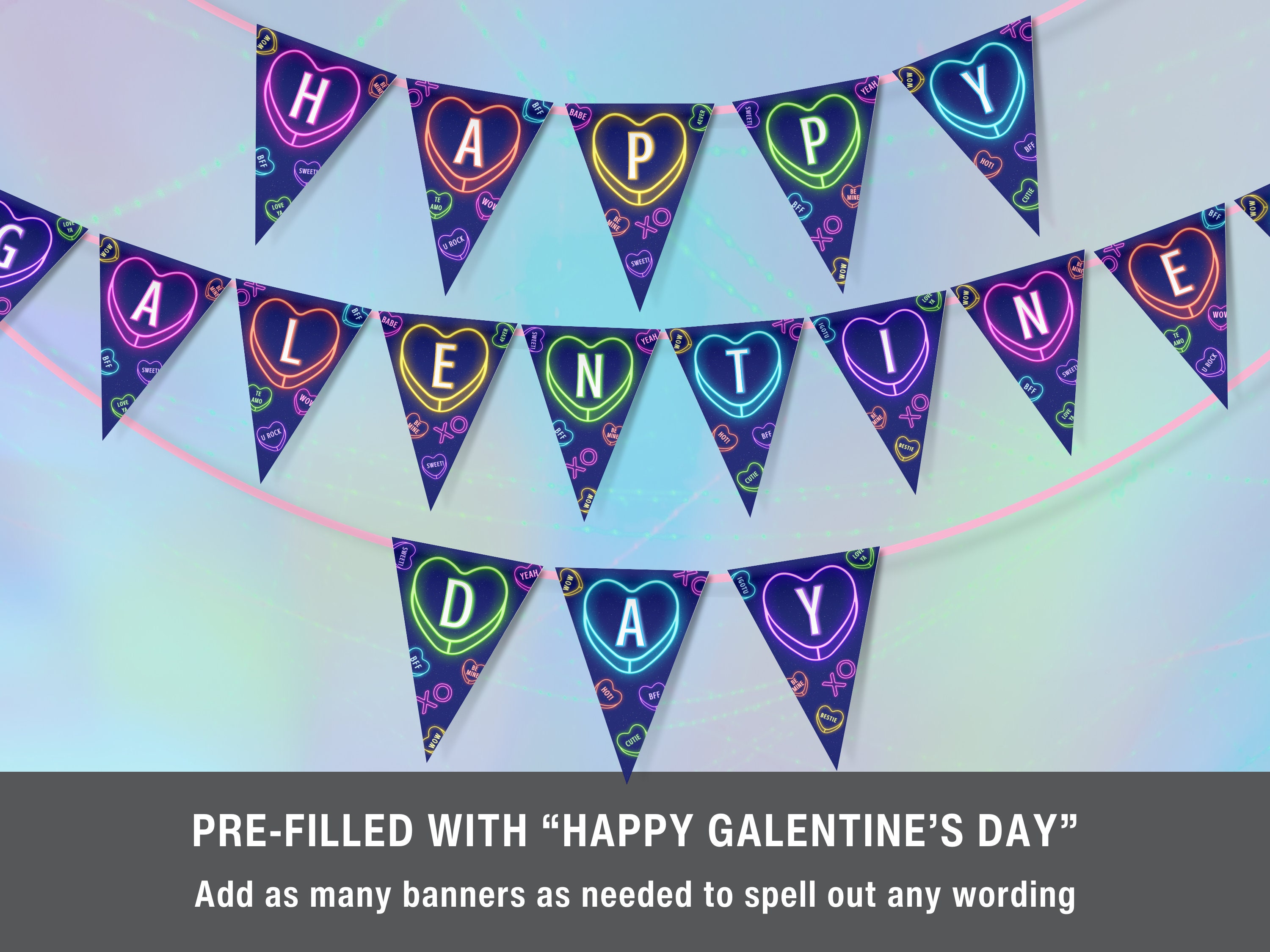 Happy Galentines Day Banner, Neon Glow Candy Hearts Pennants for Girl ...