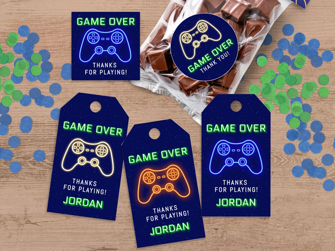 Video Game Party Favor Tags for Boy Birthday, Editable Neon Glow Game ...