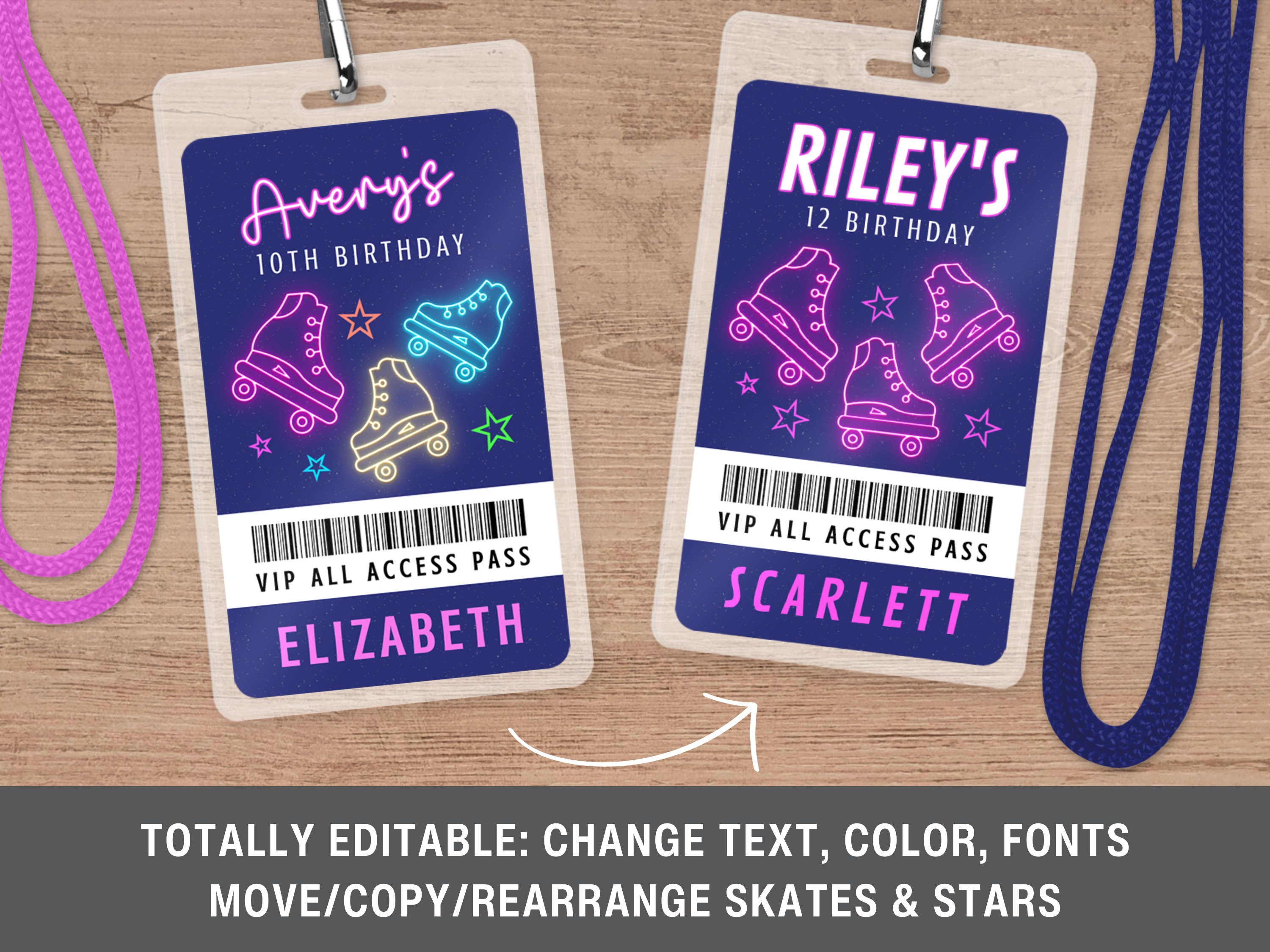 VIP Birthday Party Pass for Roller Skating, Neon Glow All Access Badge ...