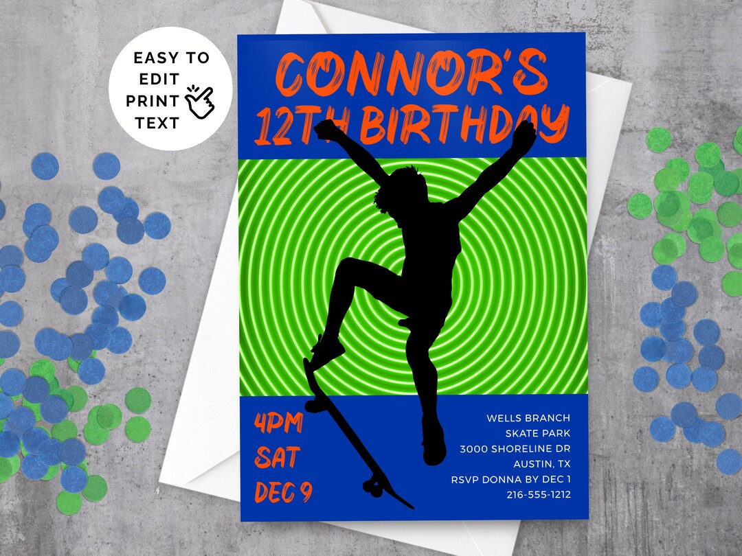 Skateboarding Birthday Party Invitation for 12 Year Old Boy, Editable ...
