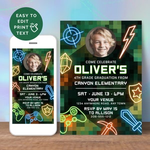 Graduation Invite for Boys Digital & Printable, Neon Glow Video Game ...