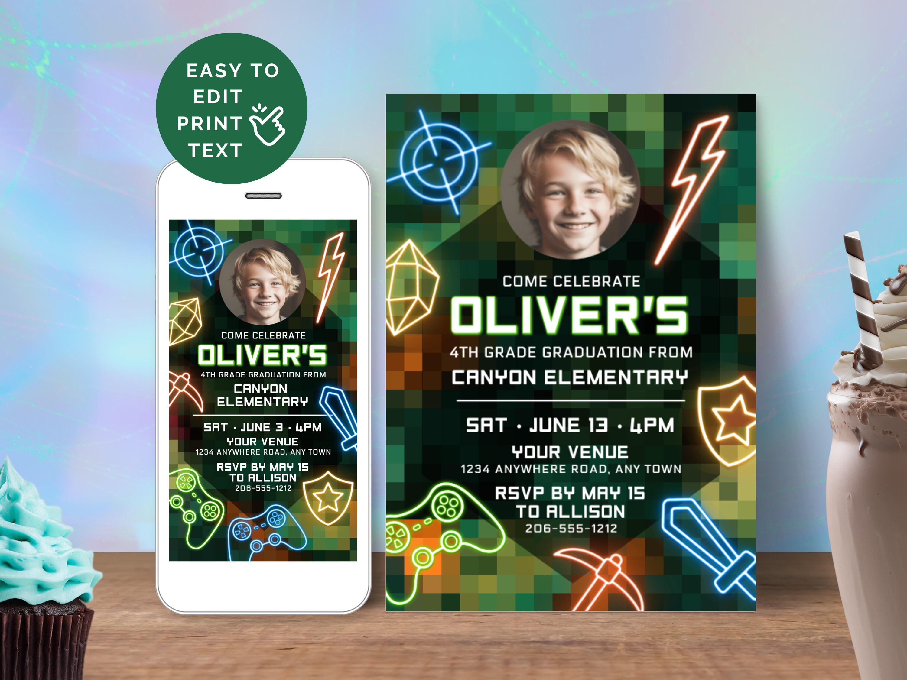 Graduation Invite for Boys Digital & Printable, Neon Glow Video Game ...