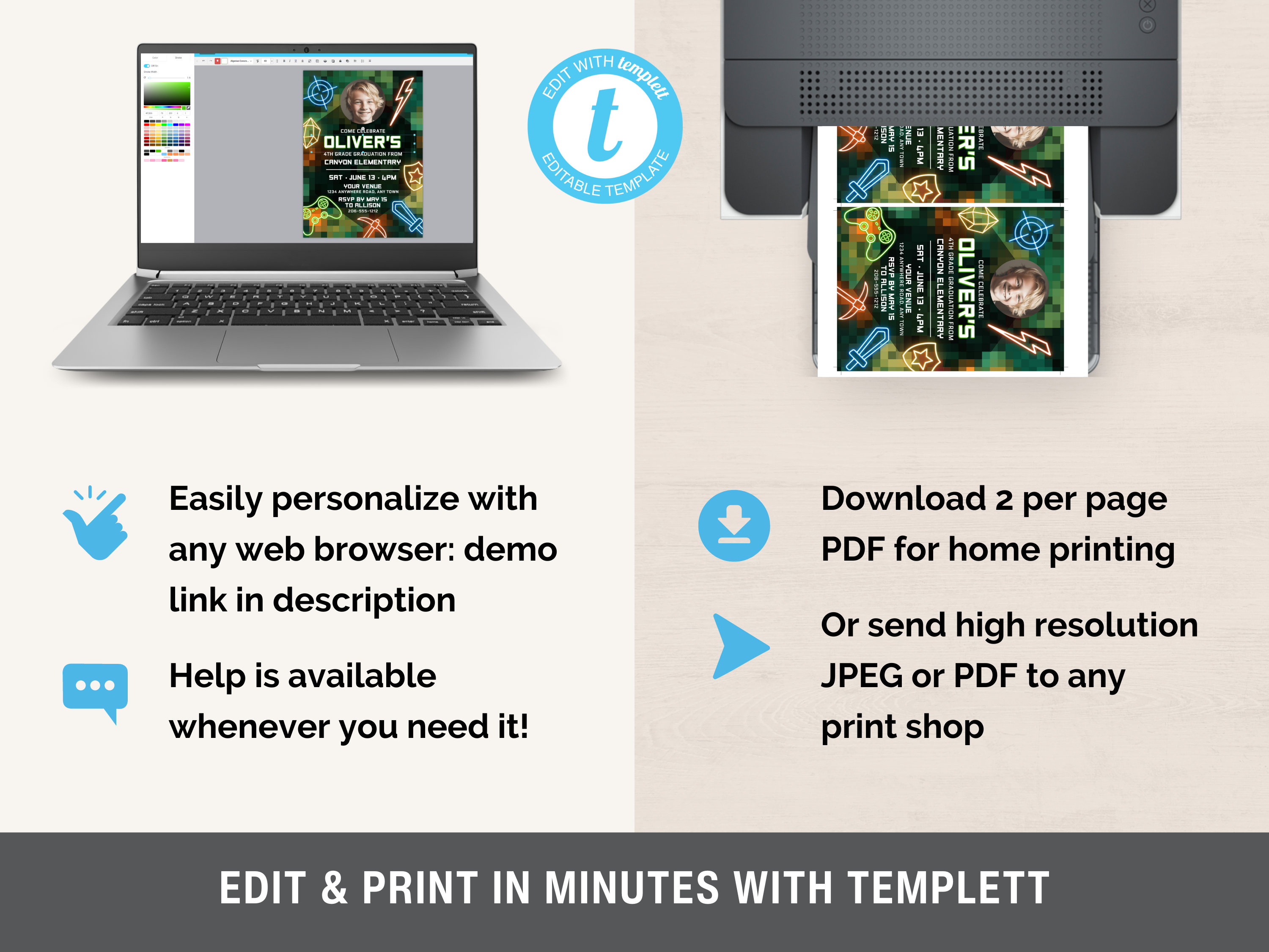 Graduation Invite for Boys Digital & Printable, Neon Glow Video Game ...