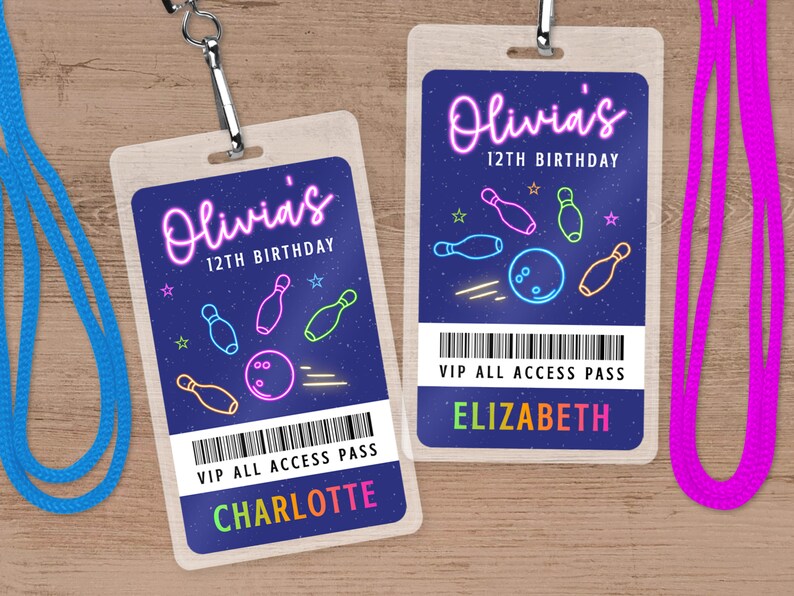 VIP Birthday Party Pass for Bowling, Neon Glow Editable All Access ...