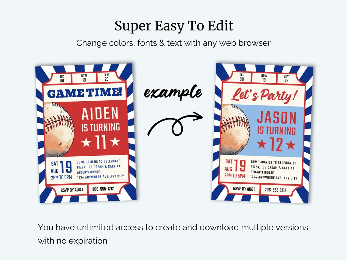 Retro Baseball Ticket Party Invitation Download, Editable Invite ...