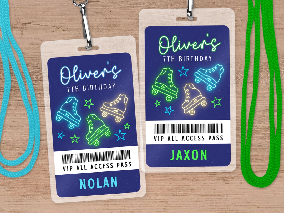VIP Birthday Party Pass for Roller Skating, Neon Glow All Access Badge ...