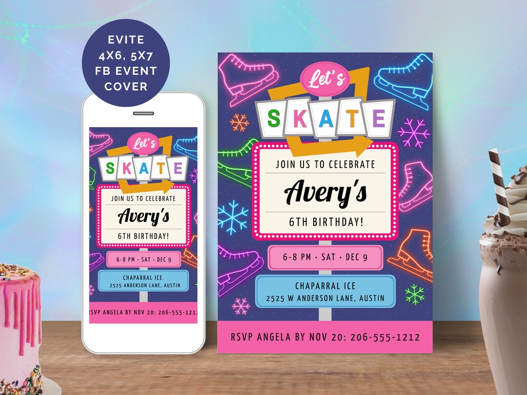 Ice Skating Party Invitation for 6th Birthday, Retro Neon Ice Skating ...