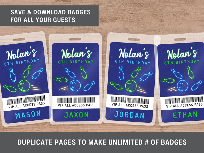VIP Pass Printable for Boy's Bowling Party, Personalized Neon Glow All ...