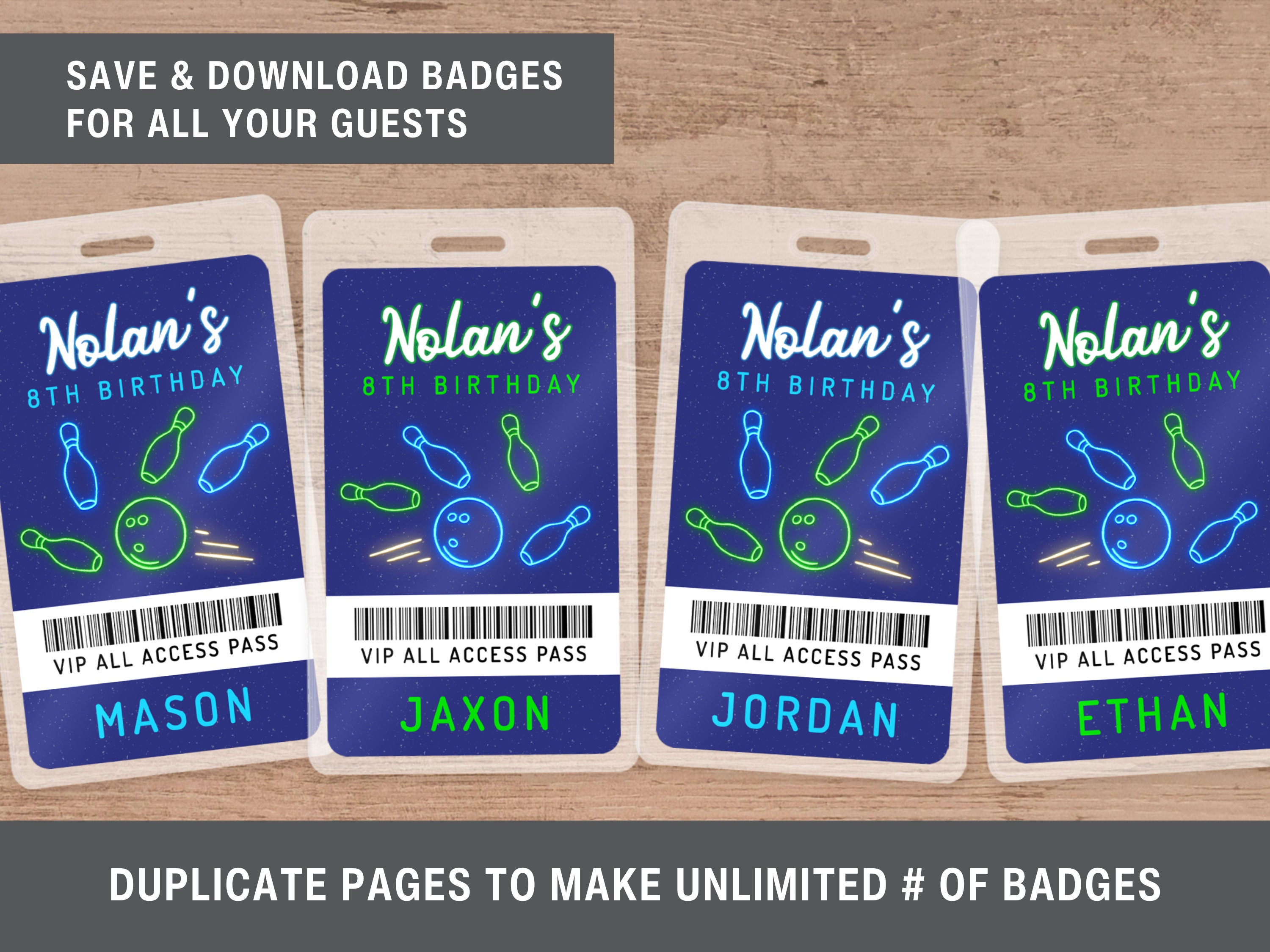 VIP Pass Printable for Boy's Bowling Party, Personalized Neon Glow All ...
