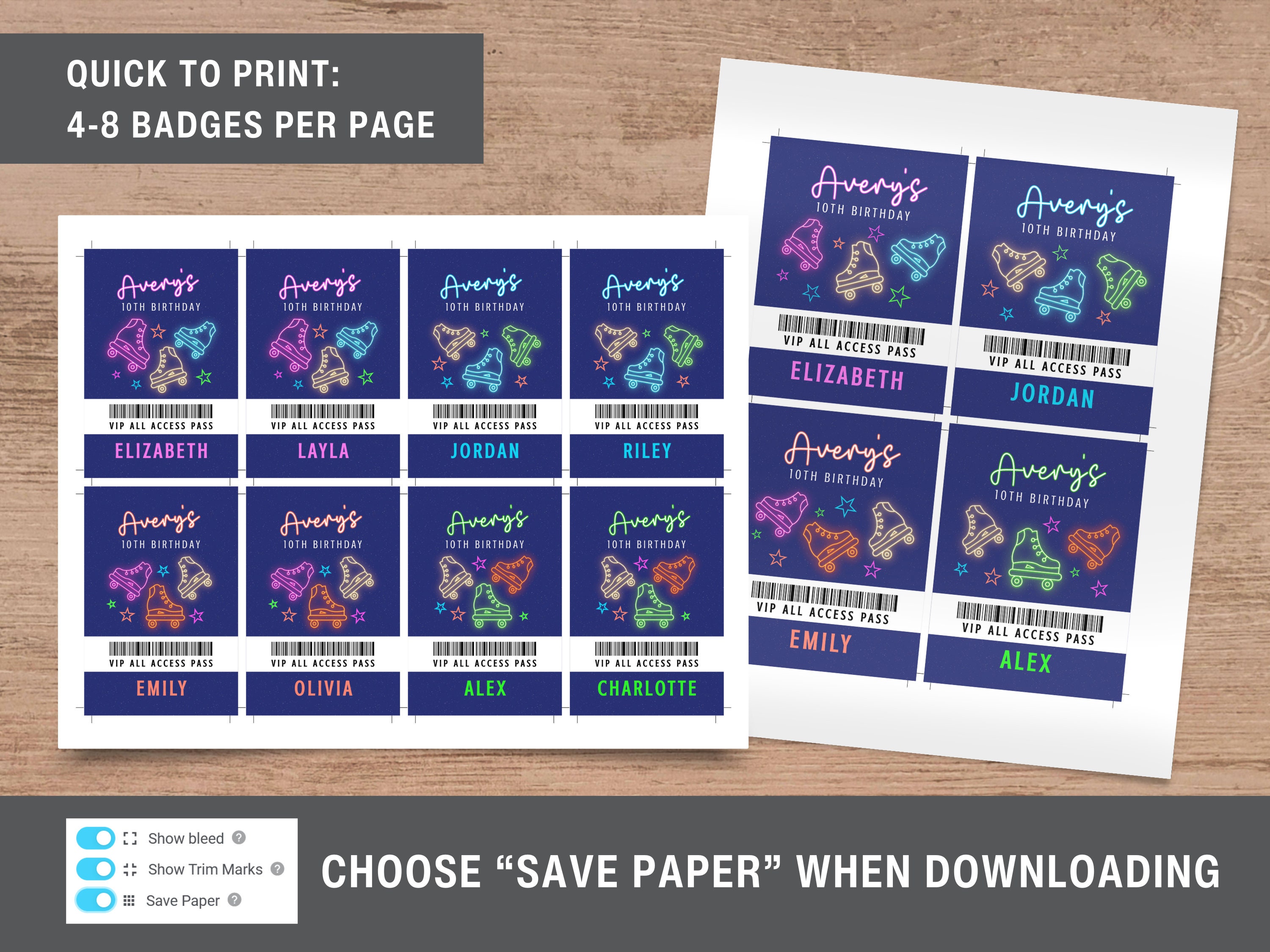 VIP Birthday Party Pass for Roller Skating, Neon Glow All Access Badge ...