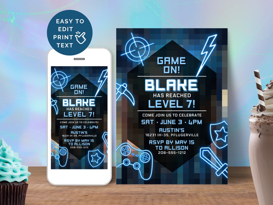 Video Game Theme Birthday Party Invite for 7 Year Old Boy, Editable ...